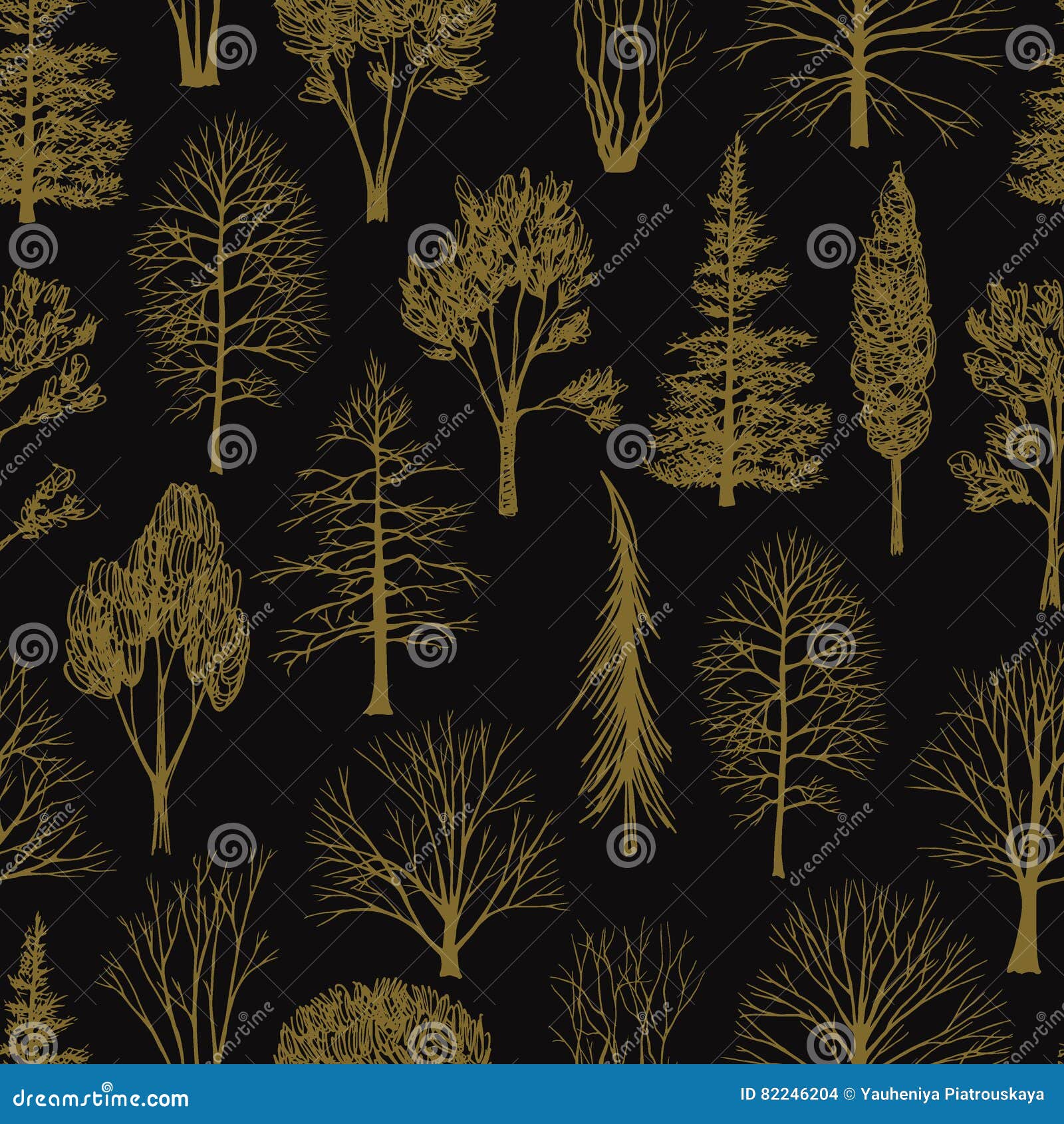 Hand Drawn Trees Seamless Pattern Stock Vector - Illustration of hatch ...