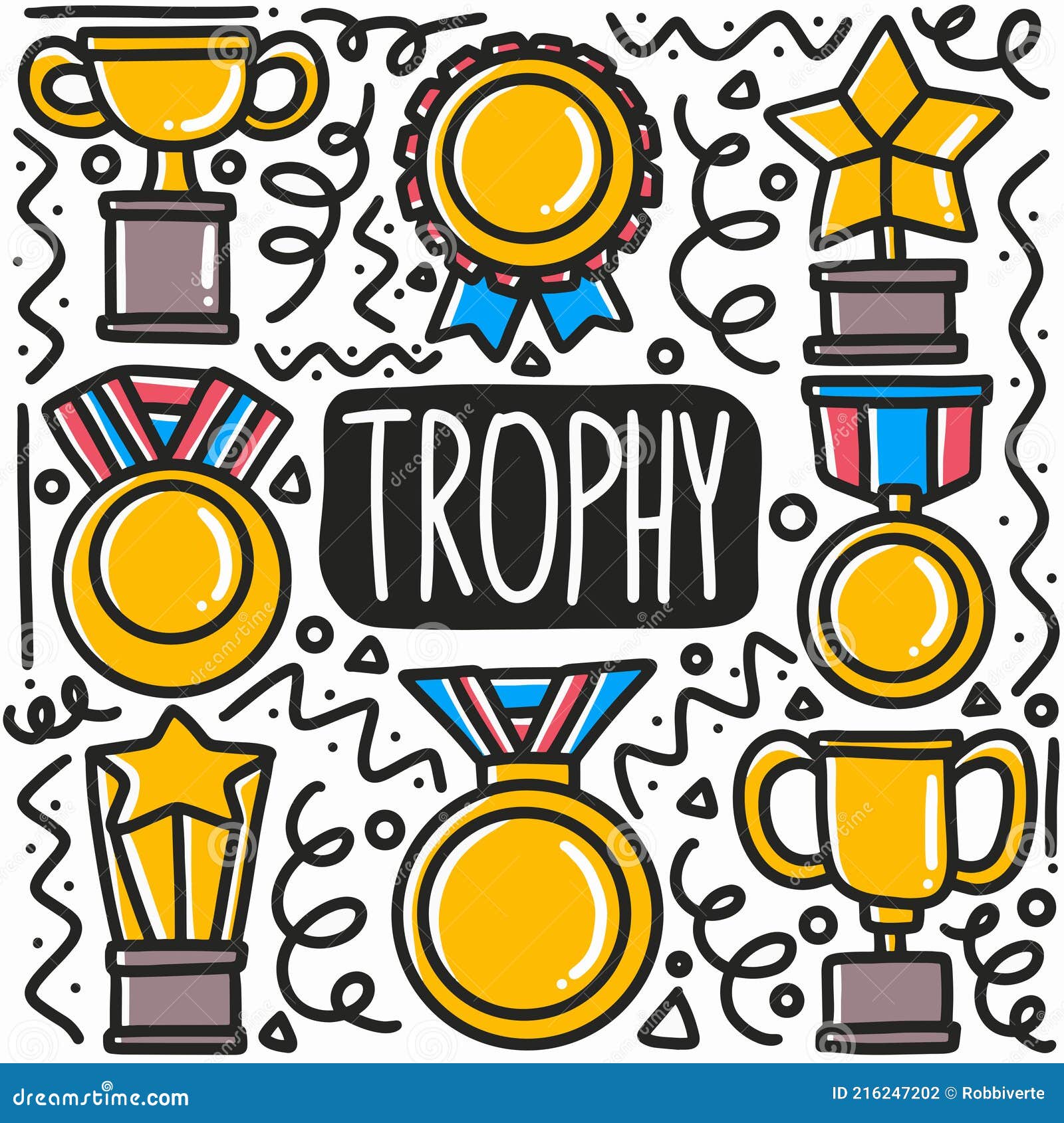 Trophy Doodle Hand Drawn Black And White Drawing Winner Trophy Champion ...