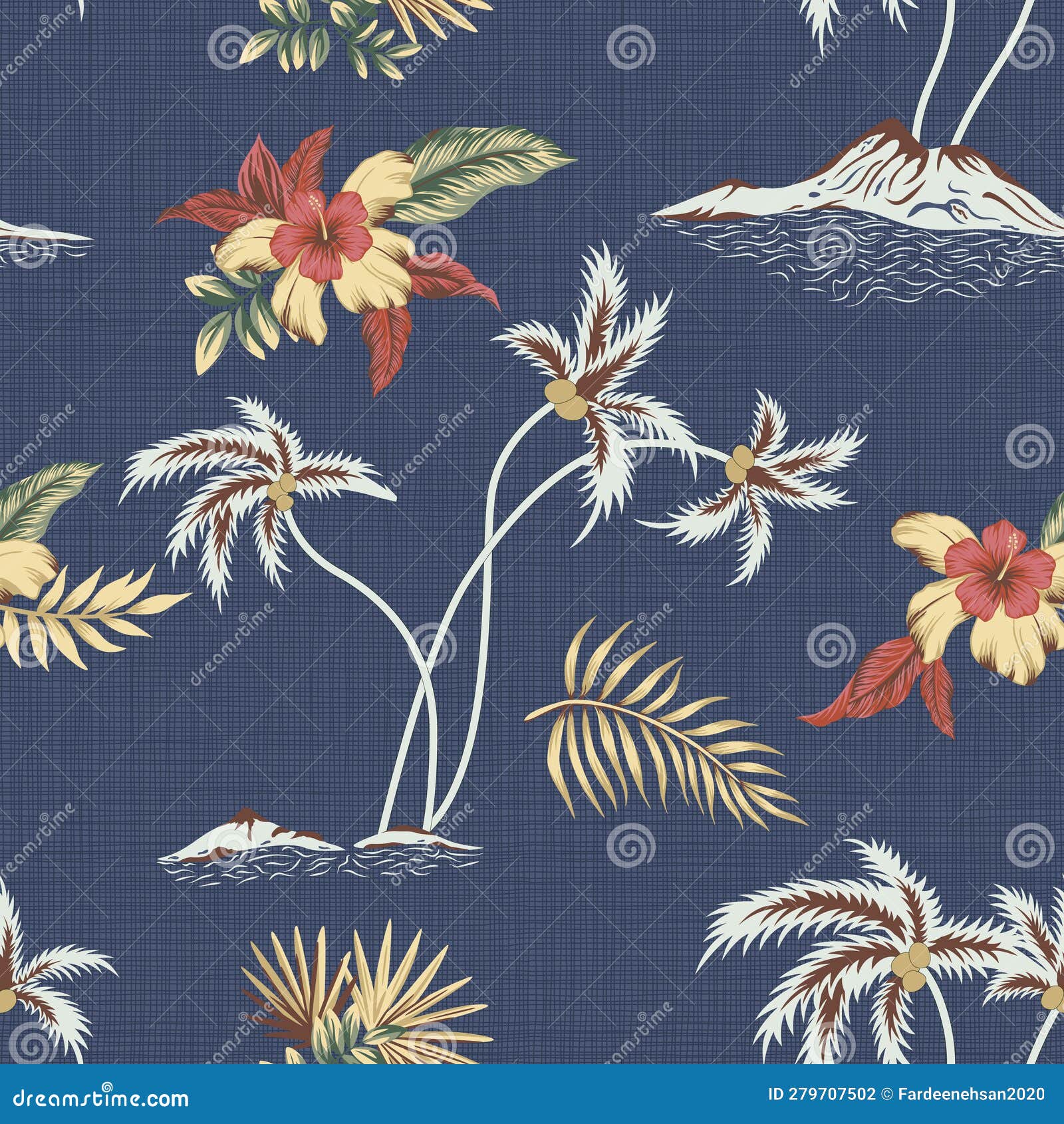 Hand Drawn Tropical Island,palm Tree,flower and Leaves Seamless Pattern ...