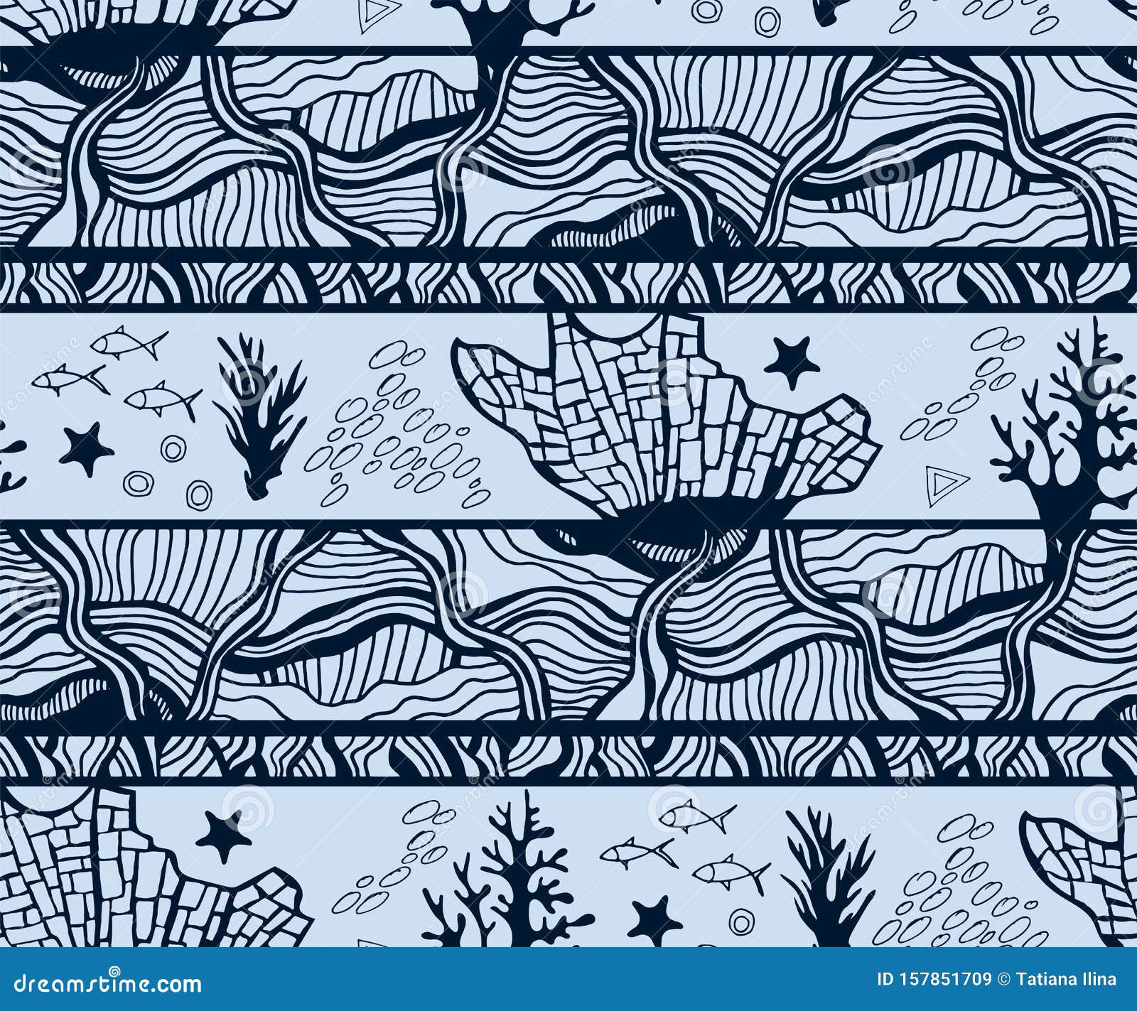 Hand Drawn Underwater Natural Ocean Elements. Seamless Pattern with ...