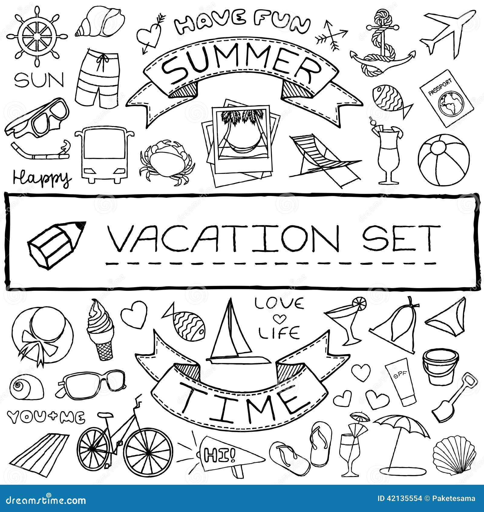 Hand Drawn Vacation Icons Set Stock Vector - Illustration of cream ...