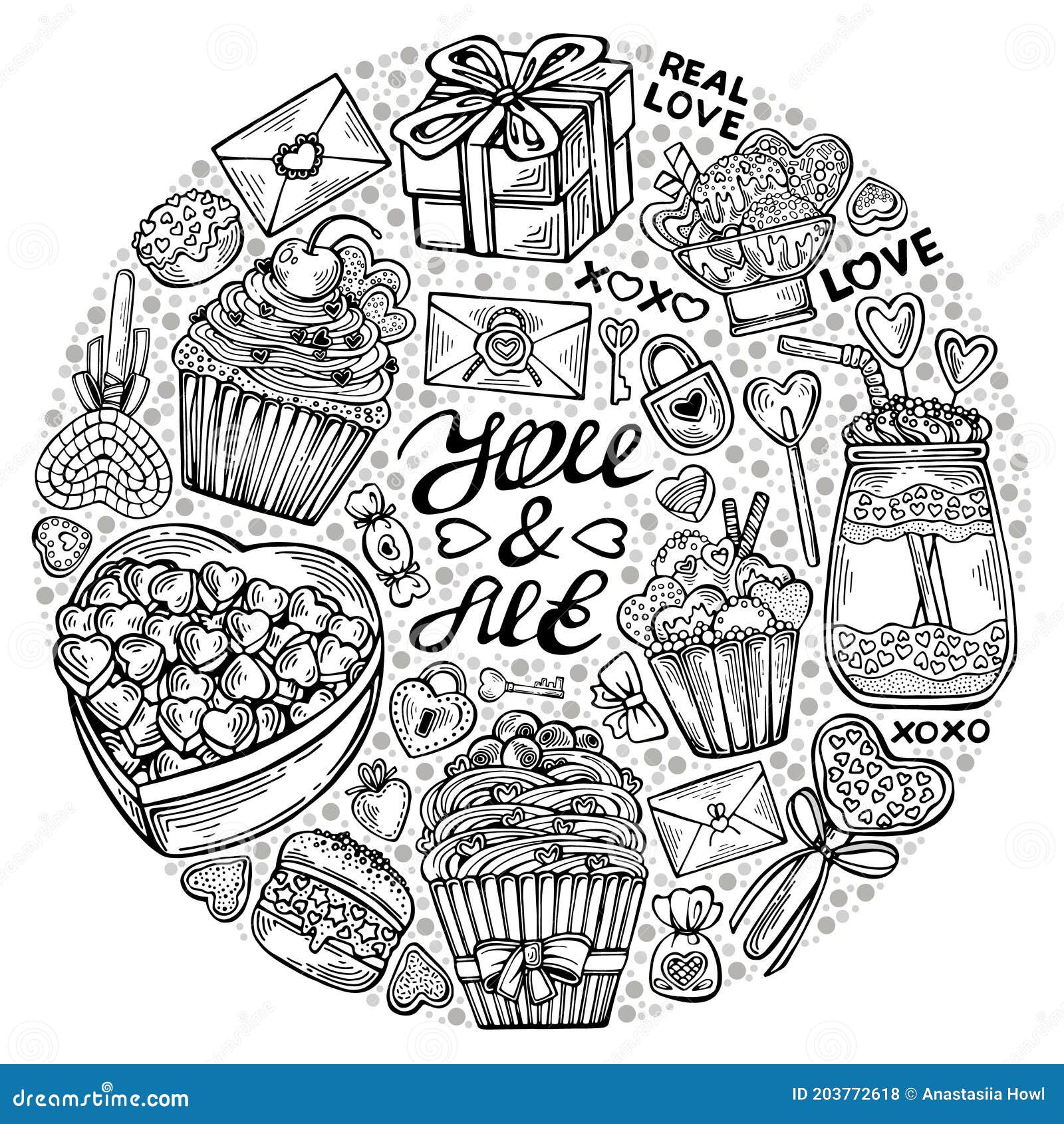 Black and White Hand Drawn Valentines Day Set Stock Vector ...