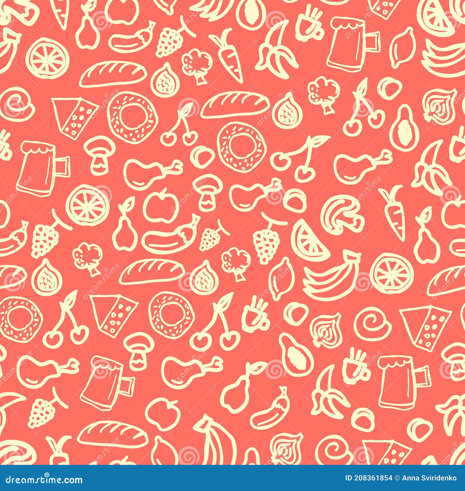 Hand Drawn Various Food Seamless Pattern Stock Illustration ...