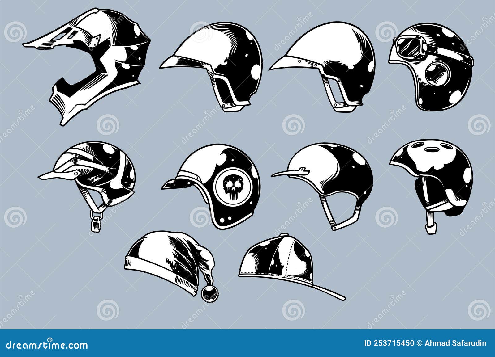 Hand Drawn Various Helm Vector Illustration Set Monochrome Style Stock ...