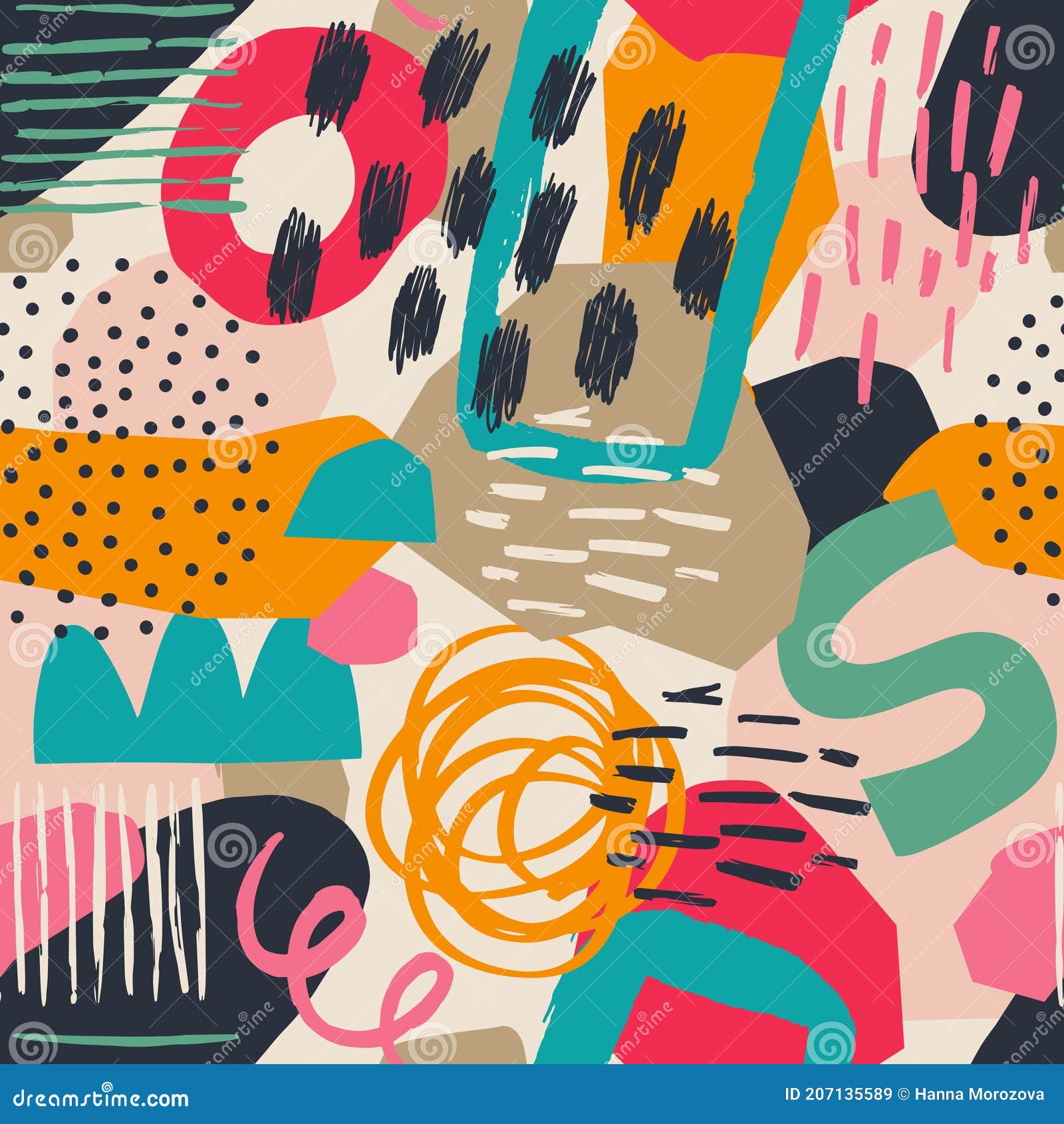 Hand Drawn Various Shapes, Spots, Dots and Lines Seamless Pattern Stock ...