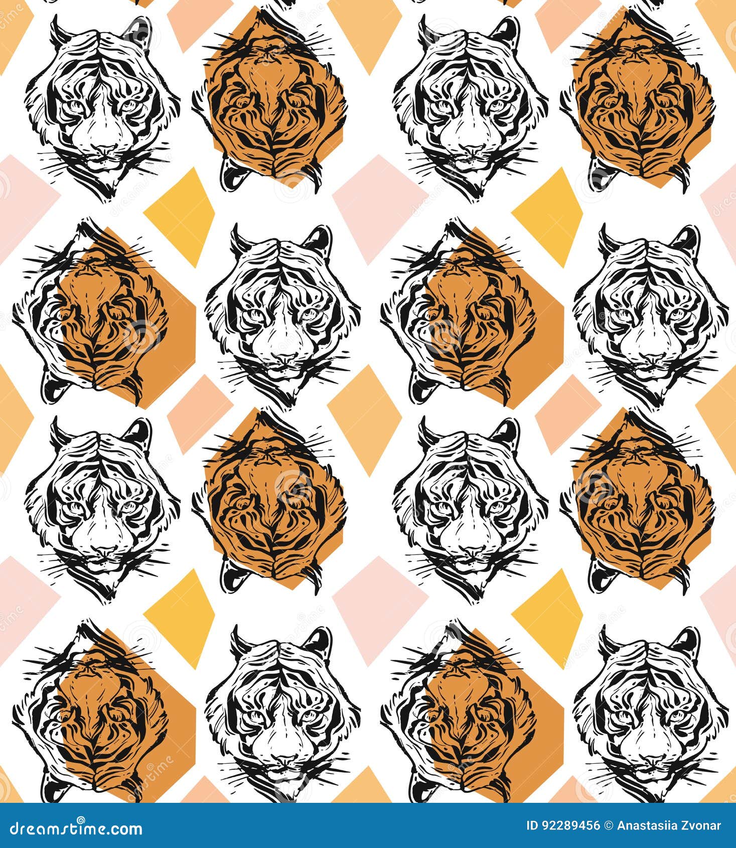 Hand Drawn Vector Abstract Creative Seamless Pattern with Tiger Face ...