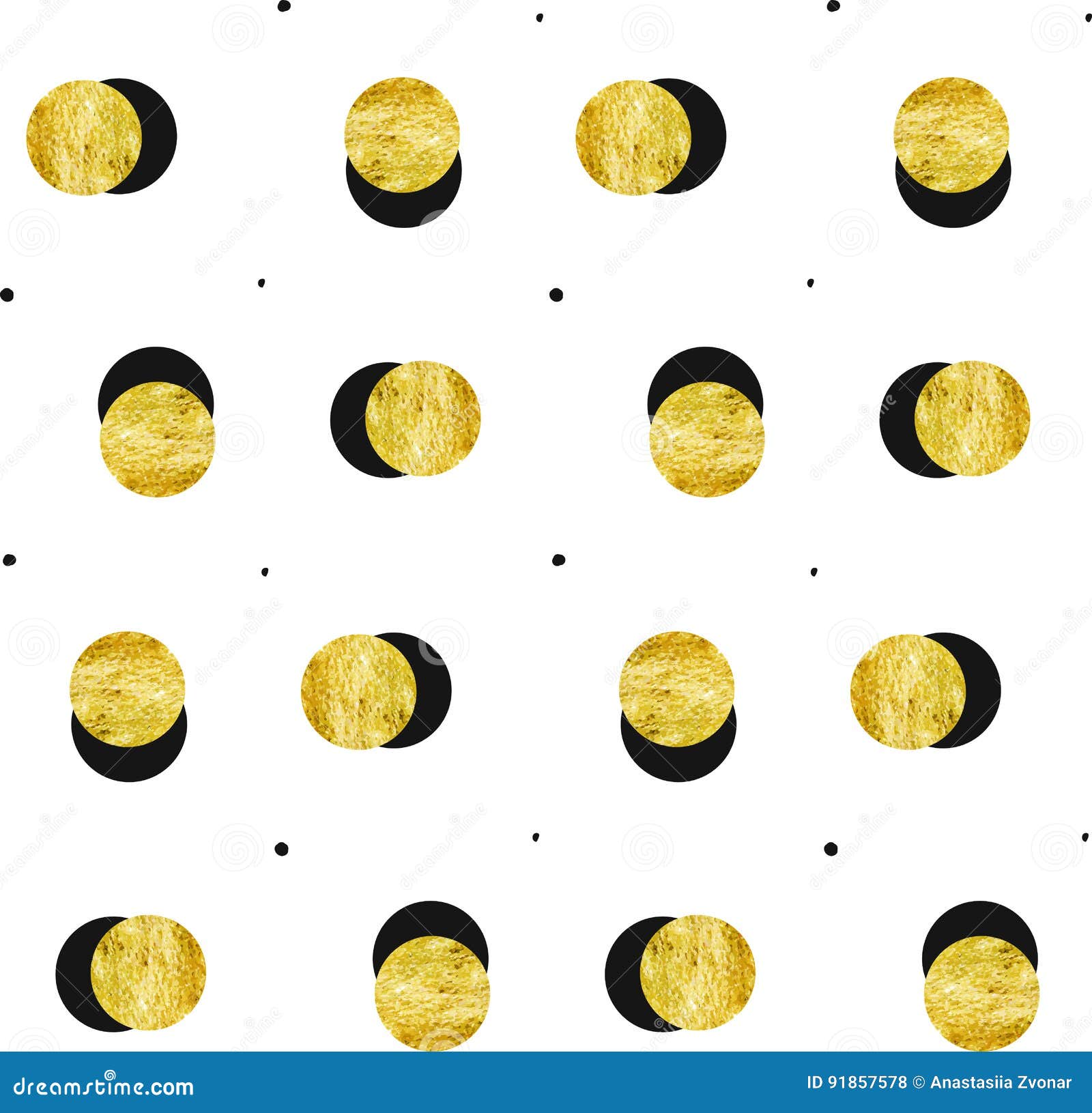 Hand Drawn Vector Abstract Gold Full Moon Seamless Pattern and Black ...
