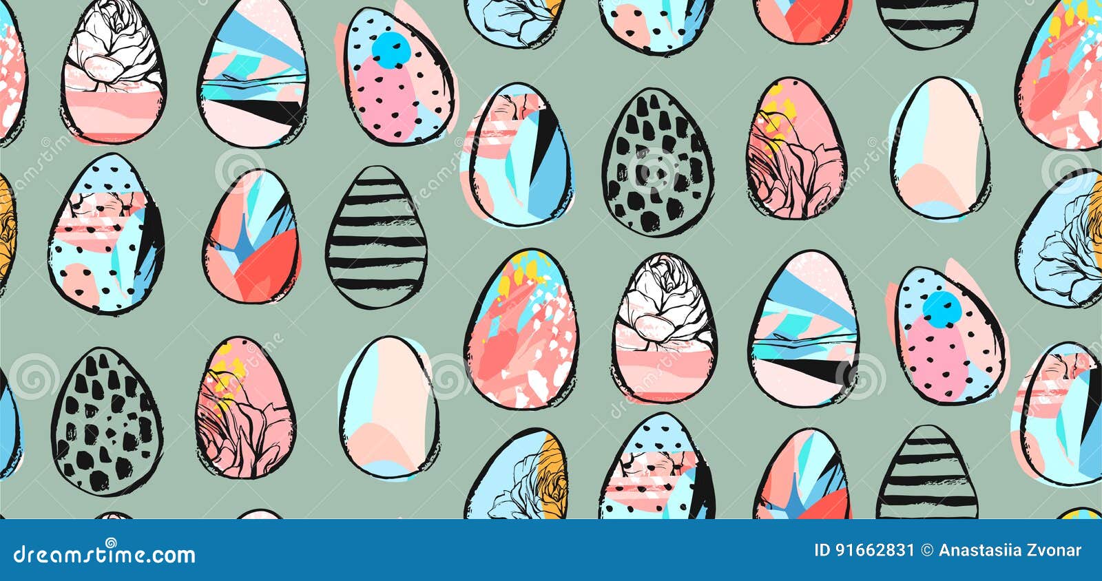 Hand Drawn Vector Abstract Seamless Pattern with Abstract Brush Drawing Easter Eggs.Spring ...