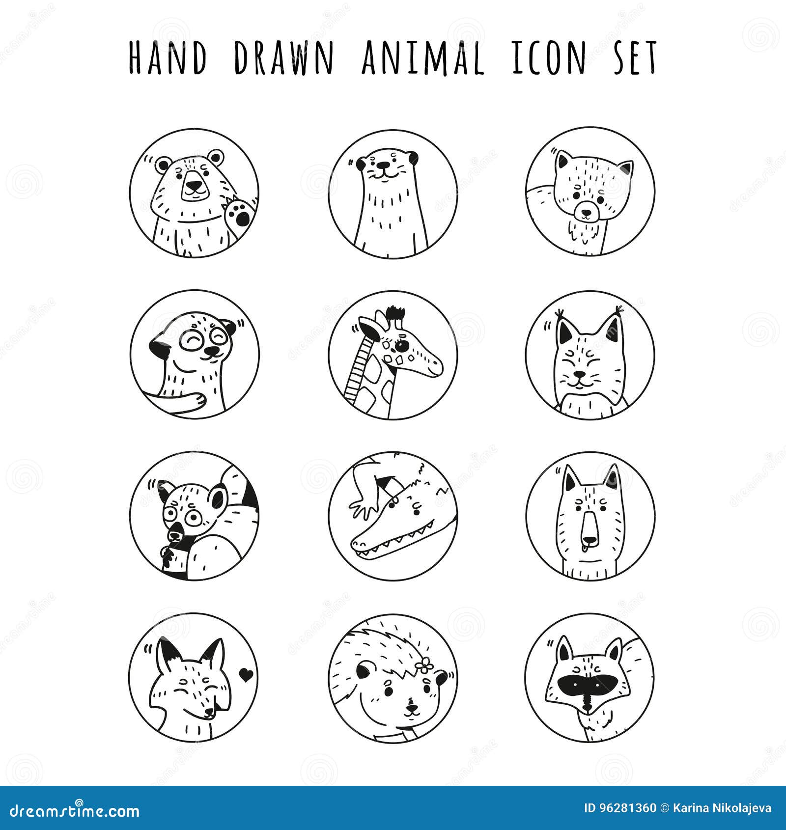 Hand Drawn Vector Animals Icon Set. Stock Vector - Illustration of ...
