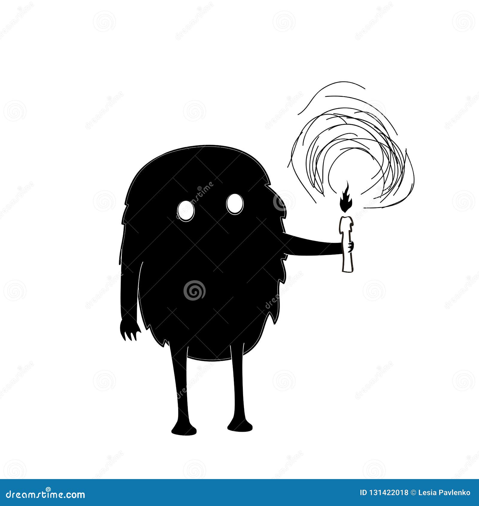 Hand Drawn Vector Illustration with Black Cute Monster with Candle ...