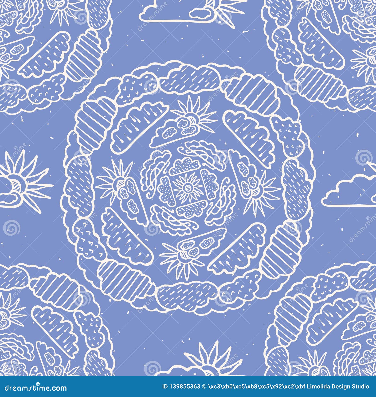 Hand Drawn Vector Cloud and Sun Mandala Illustration. Seamless ...