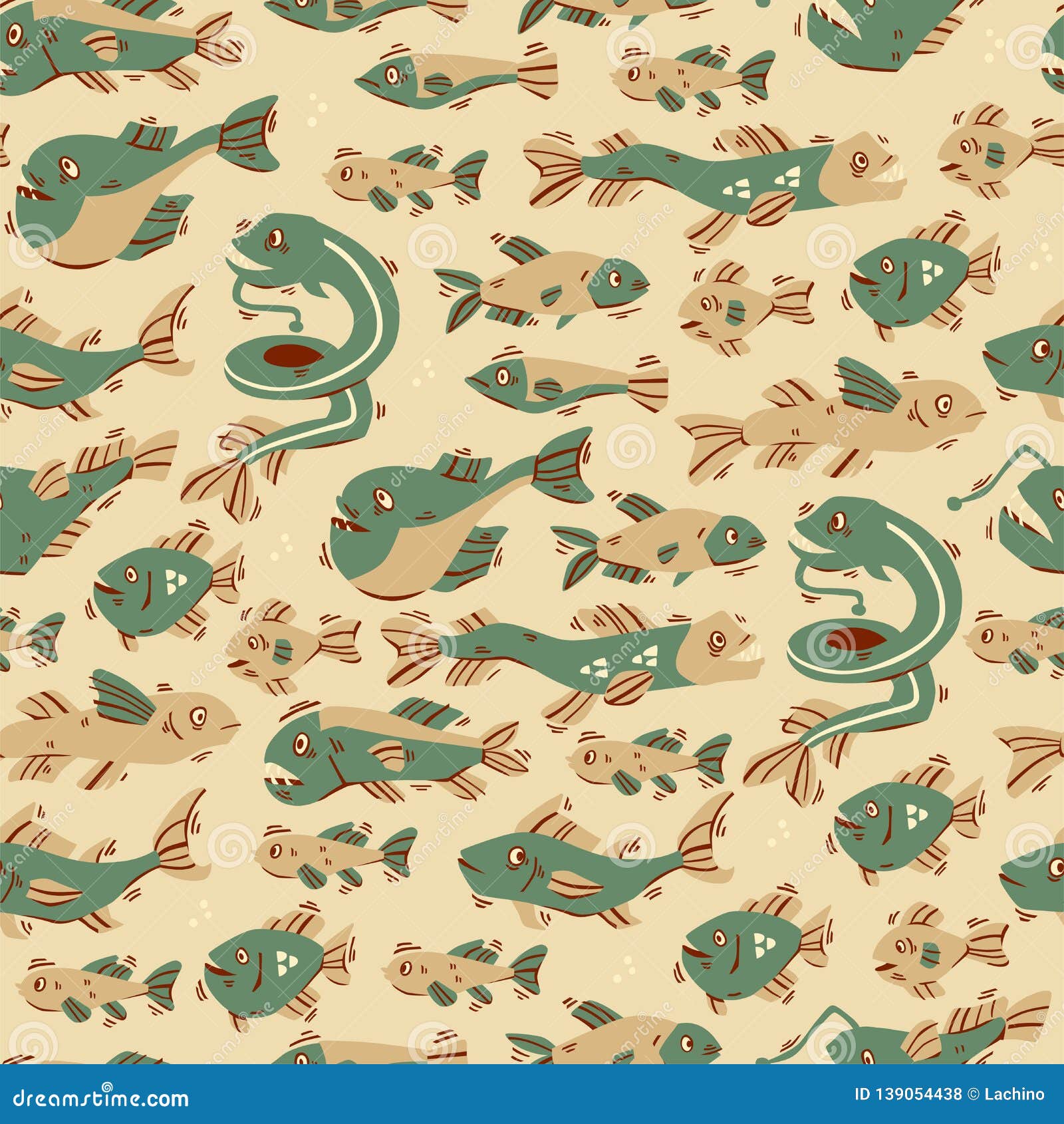 Hand Drawn Vector Cute Fish Pattern. Seamless Vector Background. Stock ...