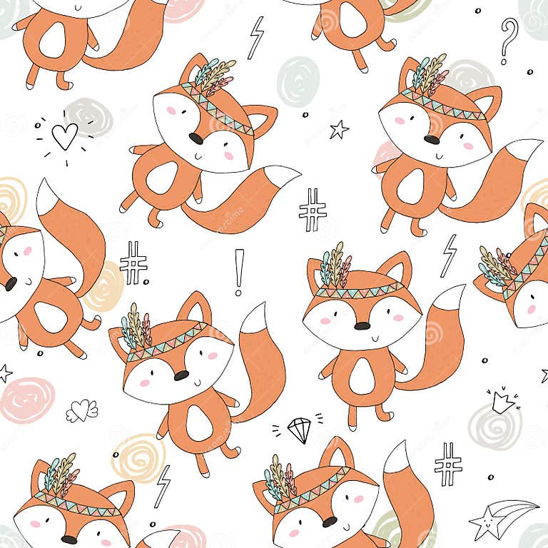 Hand Drawn Vector Cute Seamless Pattern with Cute Fox Stock Vector ...