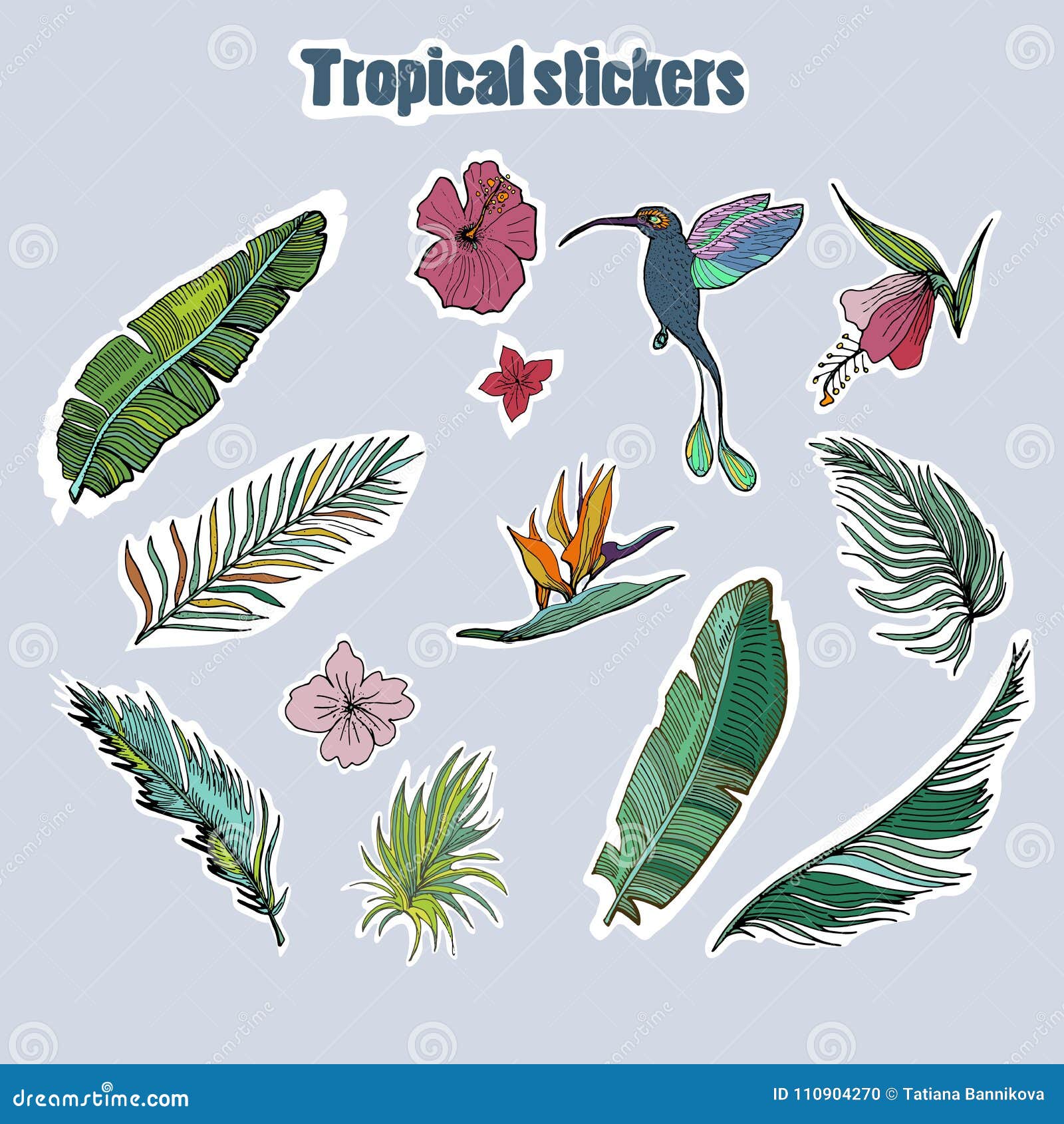 Hand Drawn Vector Cute Tropical Stickers. Stock Vector - Illustration ...