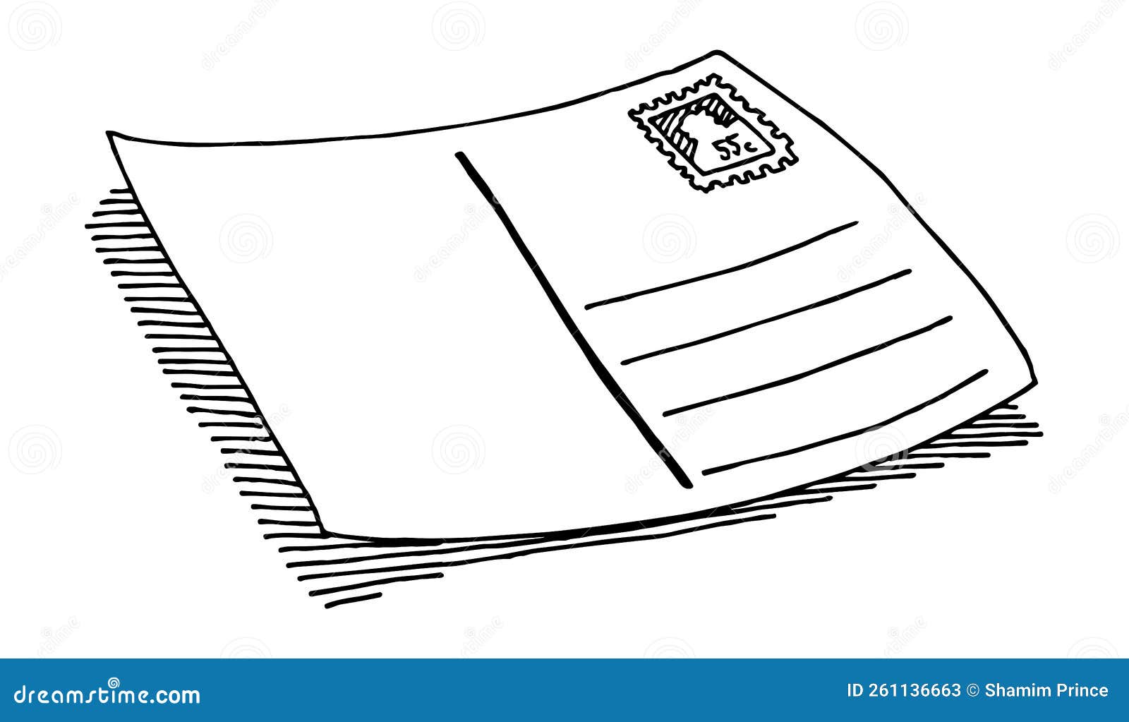 Hand-drawn Vector Drawing of a Blank Postcard with a Postage Stamp on ...