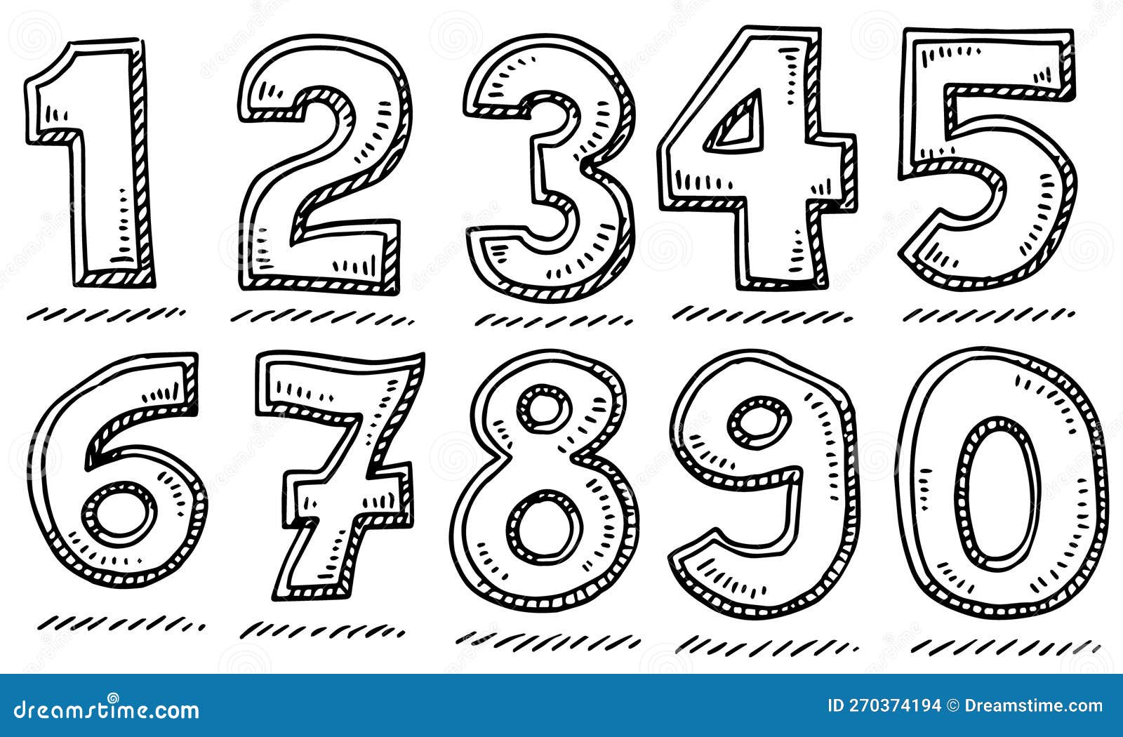 Hand-drawn Vector Drawing Of A Bold Numbers Set. Black-and-White Sketch ...