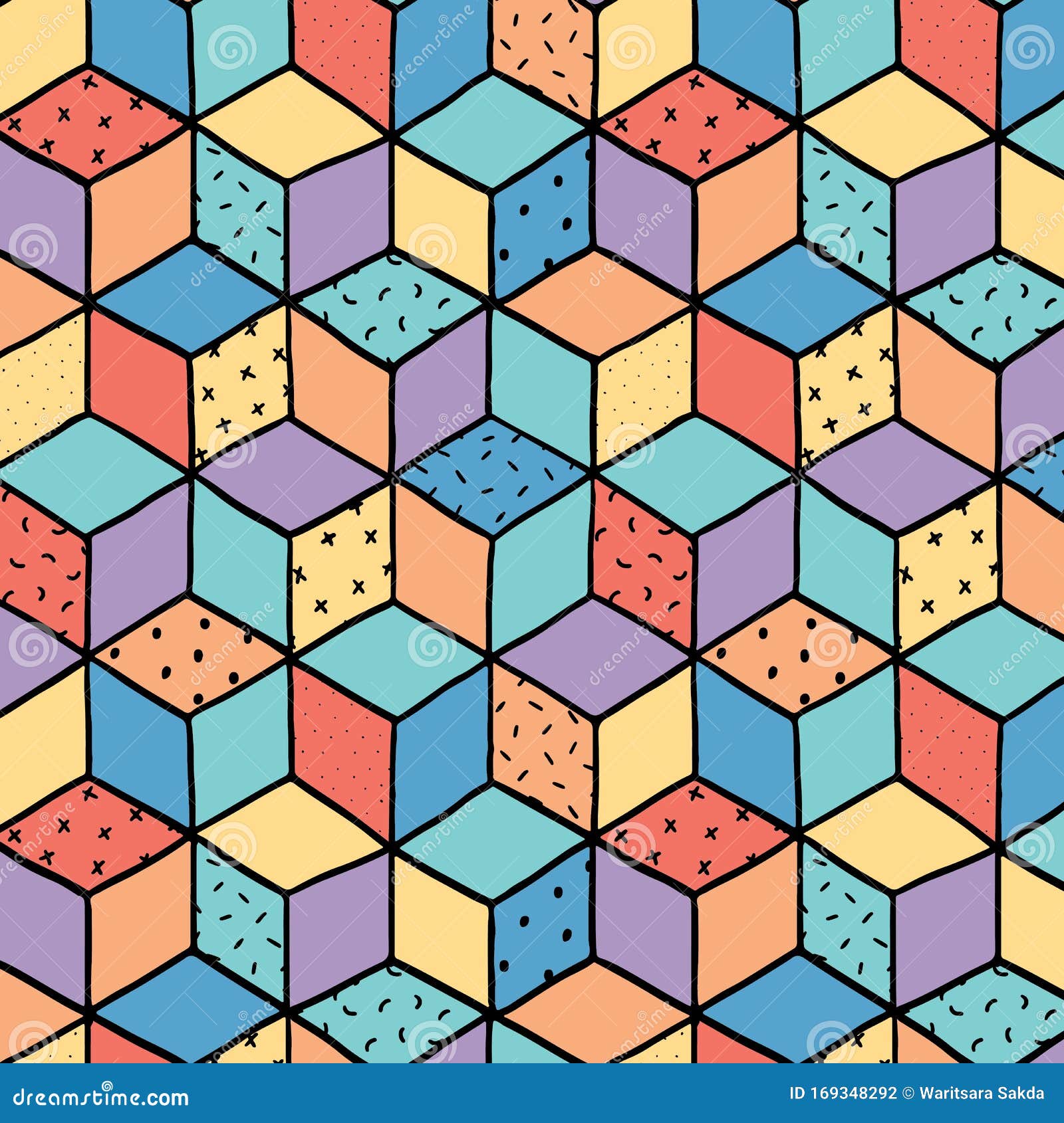 Hand Drawn Vector Illustration of Abstract Isometric Cubes Pattern ...