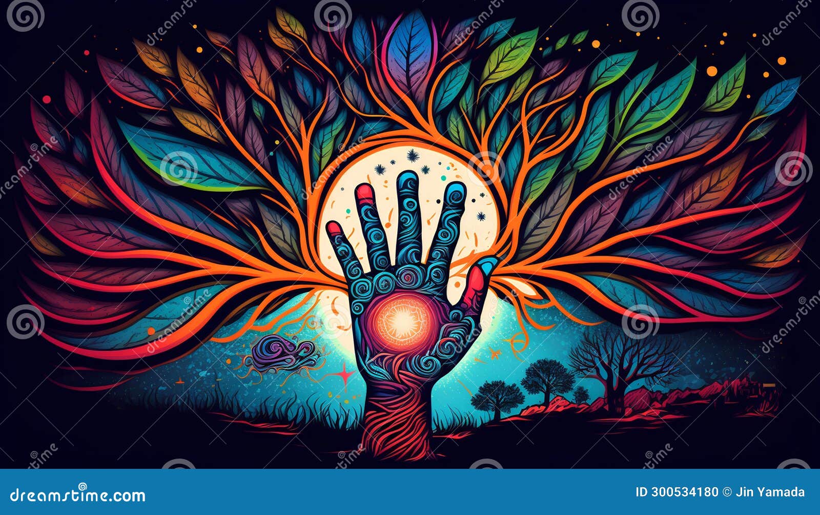 Hand Drawn Vector Illustration with Abstract Tree and Human Hand for ...