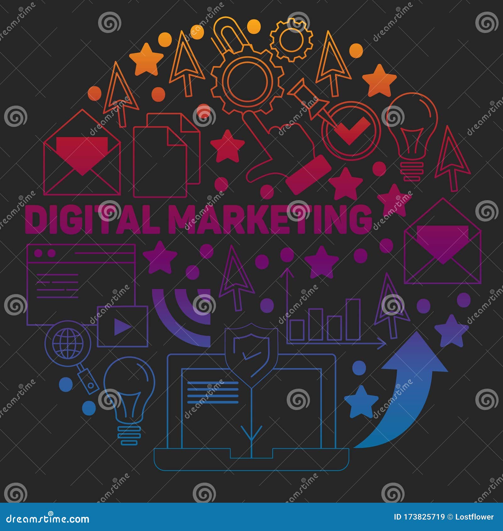 Digital Marketing Pattern with Vector Icons. Management, Start Up ...