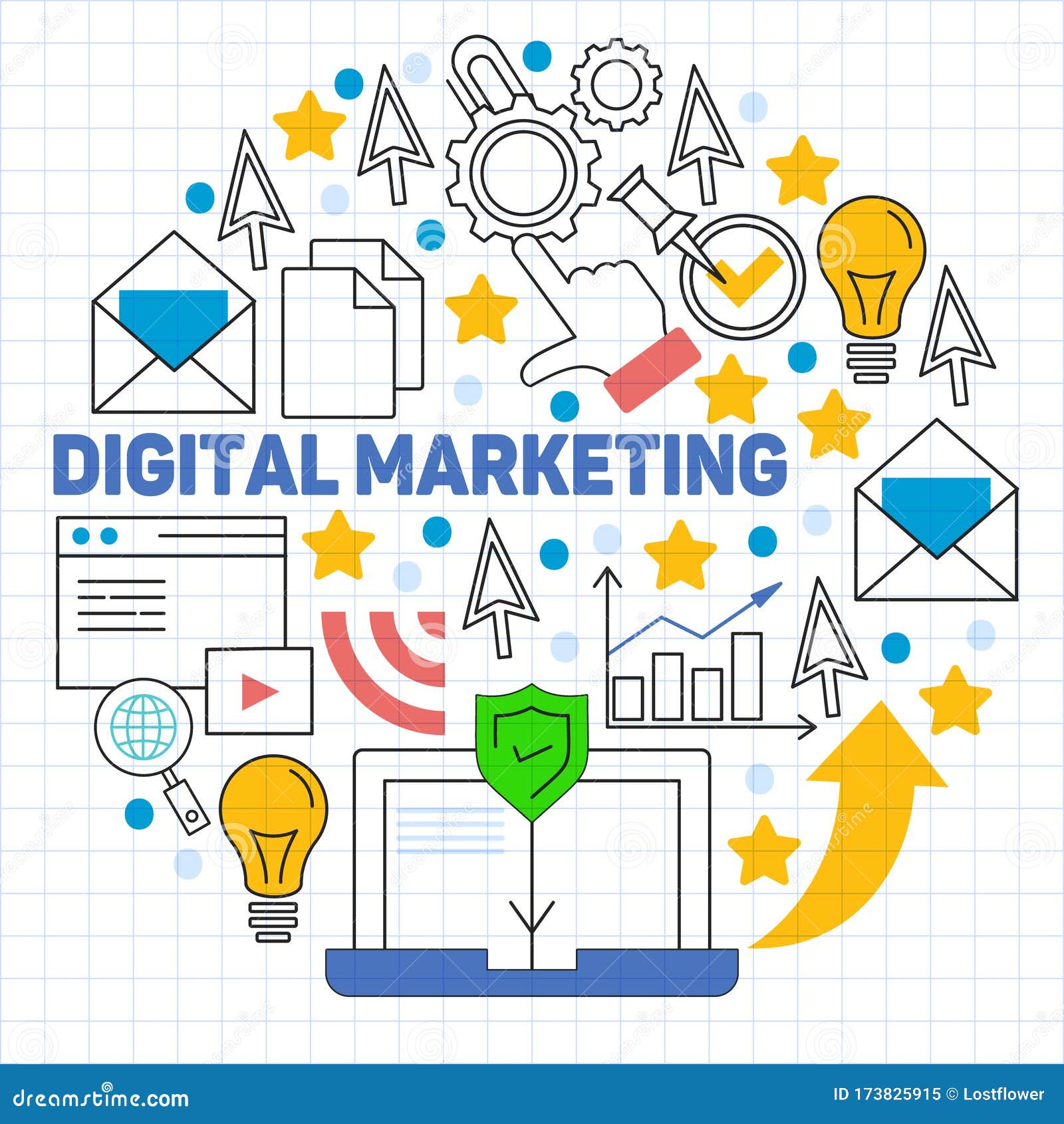 Digital Marketing Pattern with Vector Icons. Management, Start Up ...