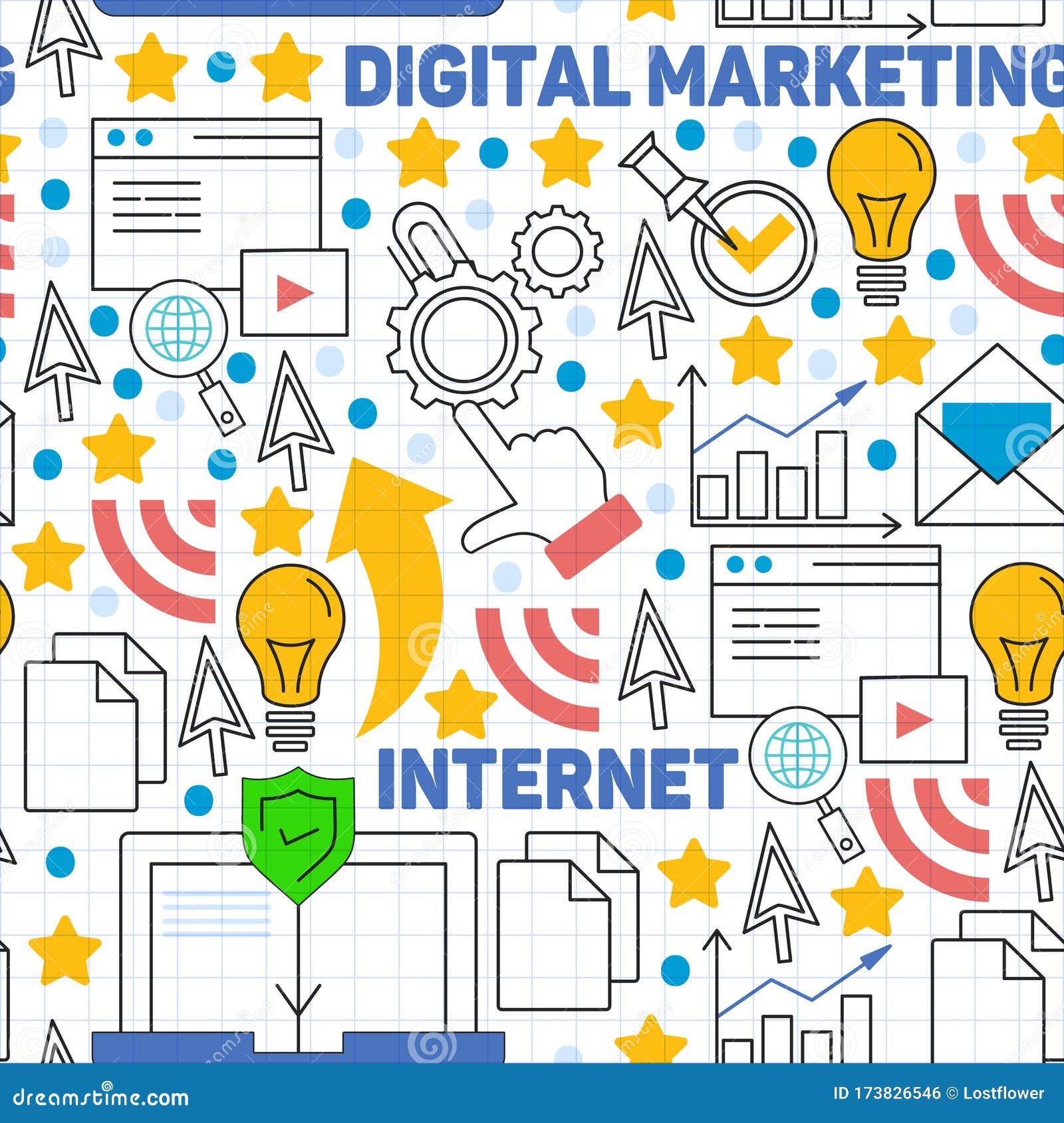 Digital Marketing Pattern with Vector Icons. Management, Start Up ...