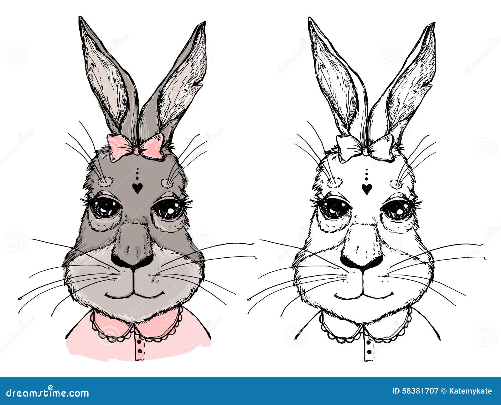 Hand-drawn Vector Illustration. Bunny Girl with Bow Stock Vector ...