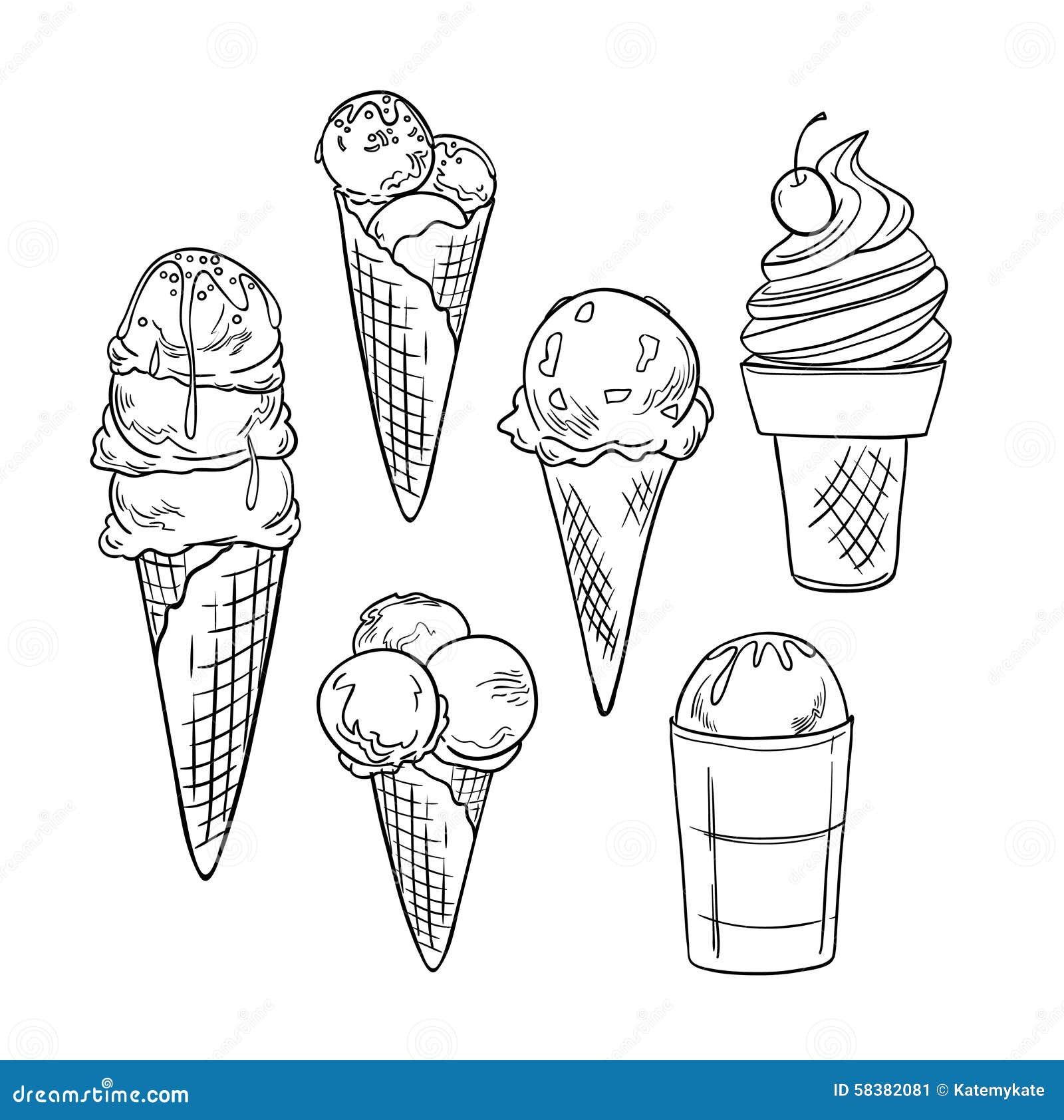 Set Of Ice Cream Hand Drawn Lineart Icons. Cute Doodle Ice Cream ...