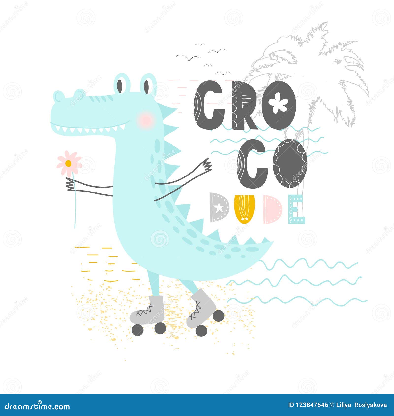 Hand Drawn Vector Illustration Of A Cute Funny Crocodile On The Rollers ...