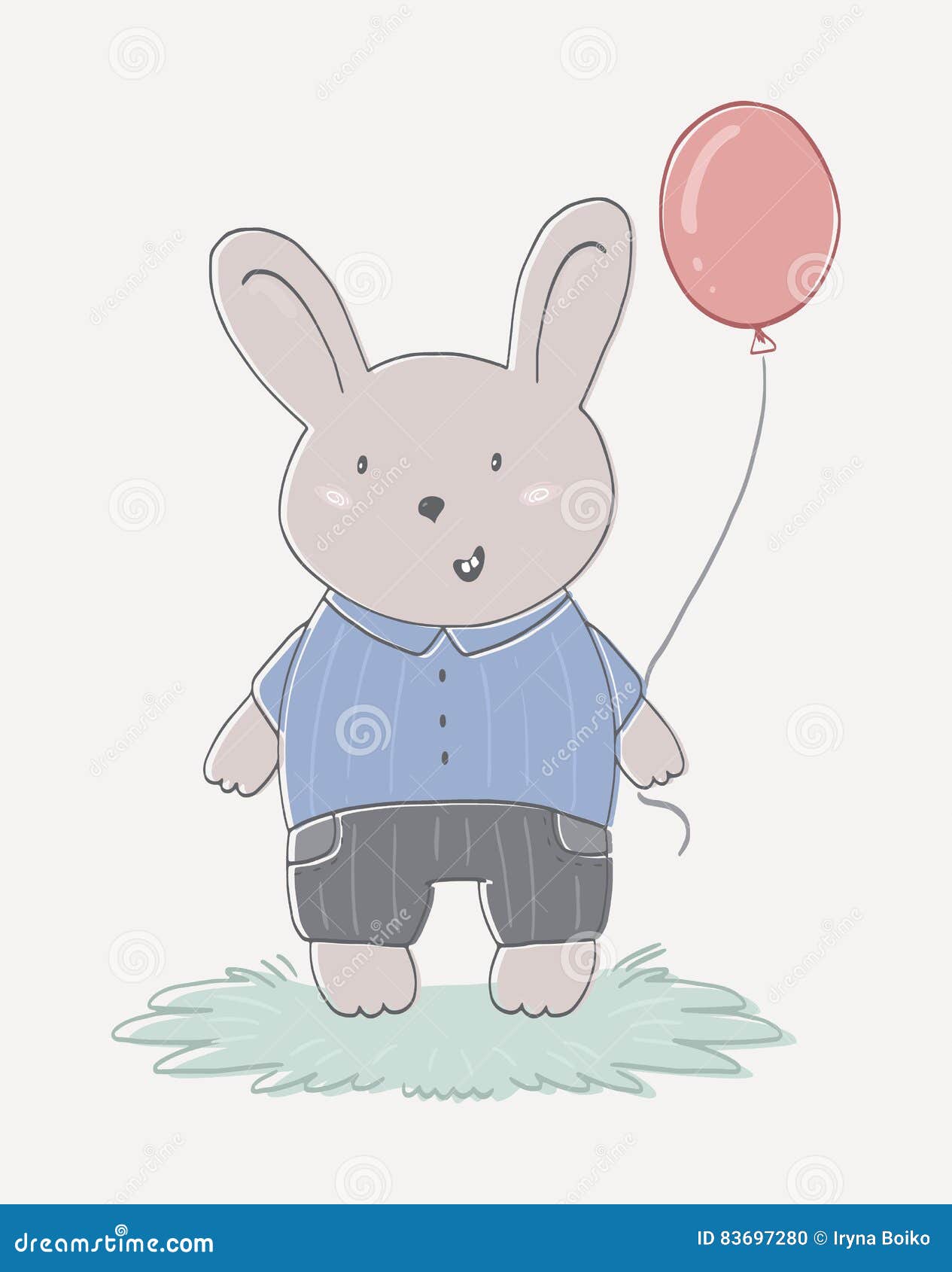 Hand Drawn Vector Illustration of Cute Rabbit and Balloon Stock Vector ...