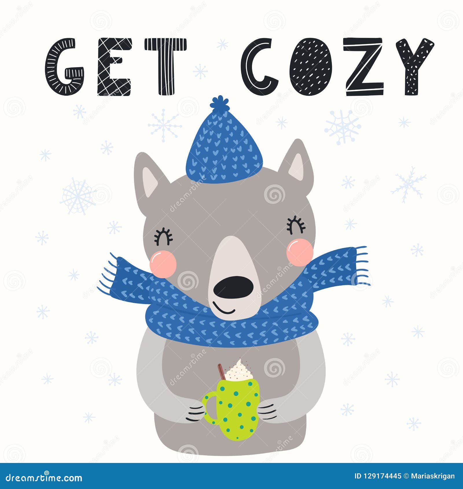 Cute wolf in winter stock vector. Illustration of face - 129174445