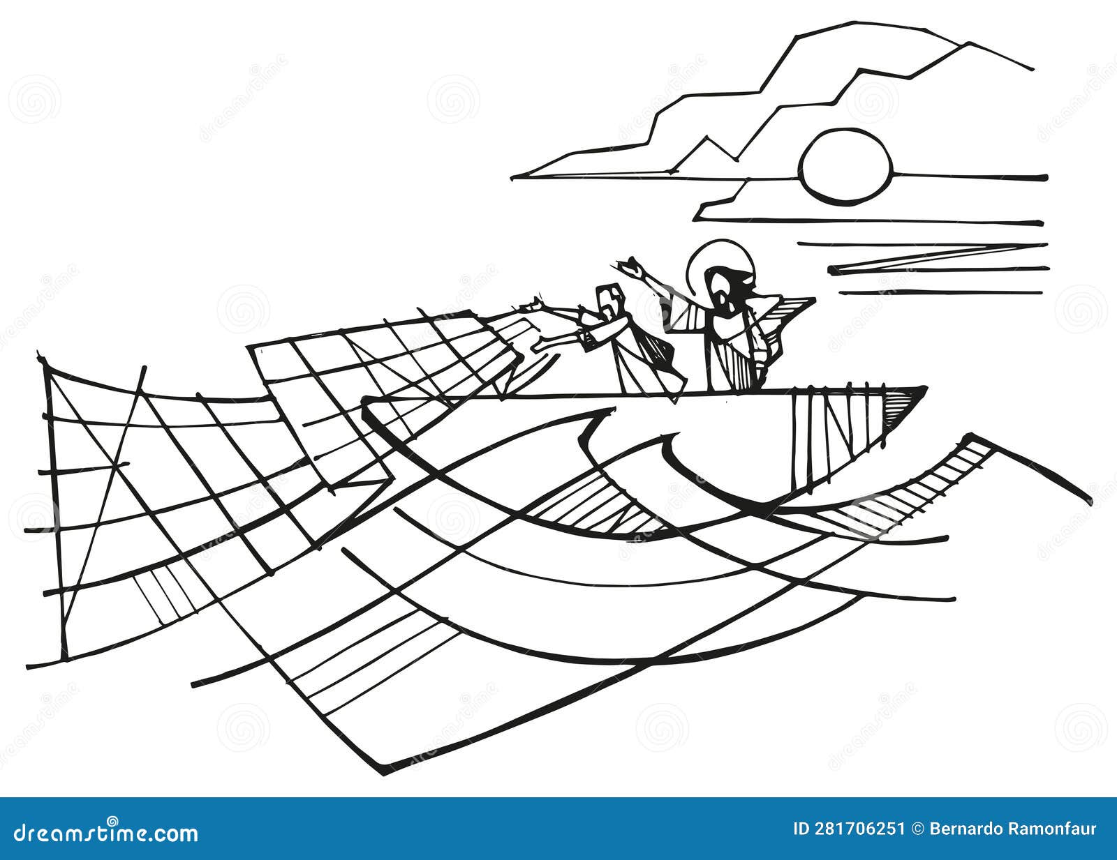 Hand Drawn Illustration of Jesus Casting the Nets Stock Vector ...