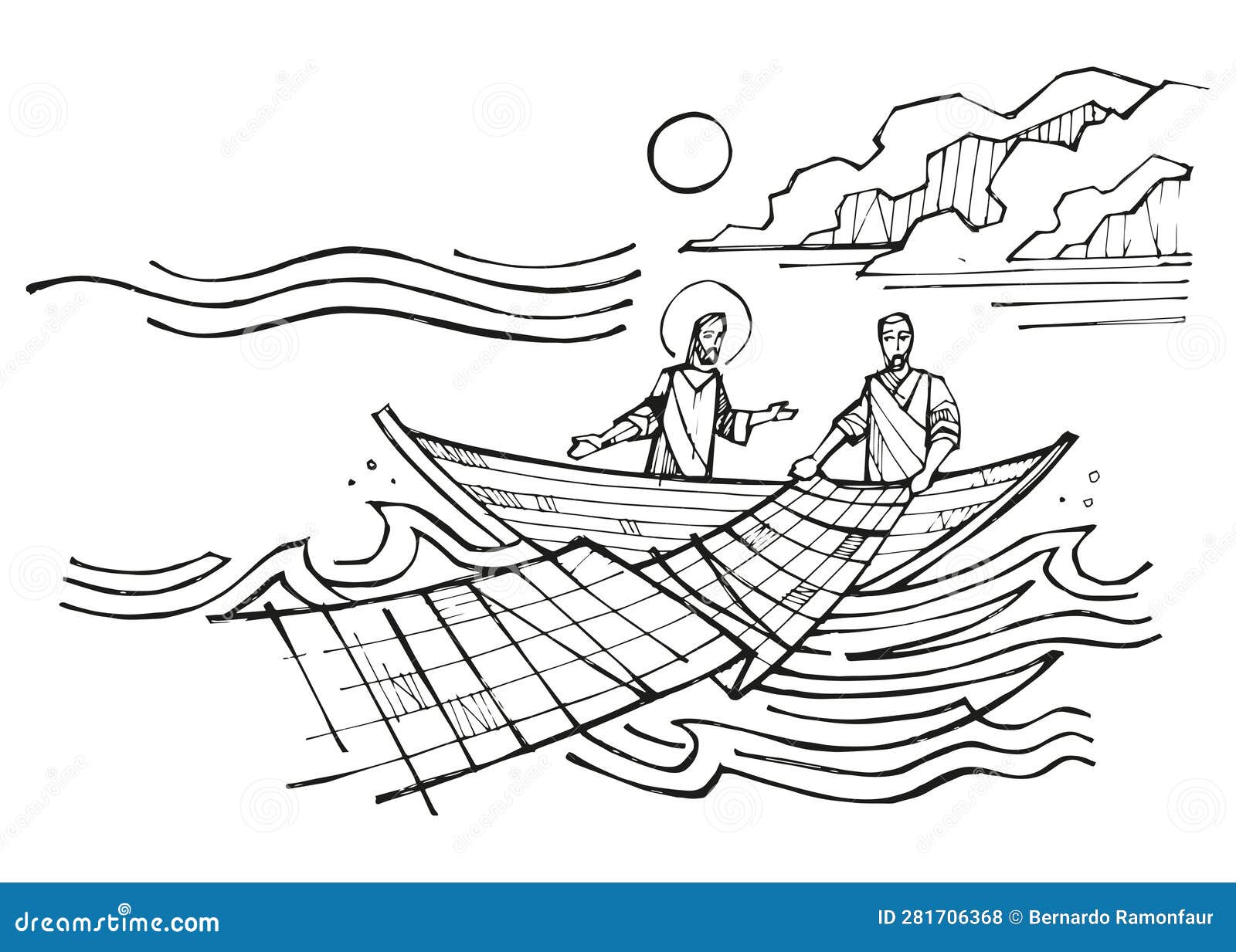 Hand Drawn Illustration of Jesus Casting the Nets Stock Vector ...