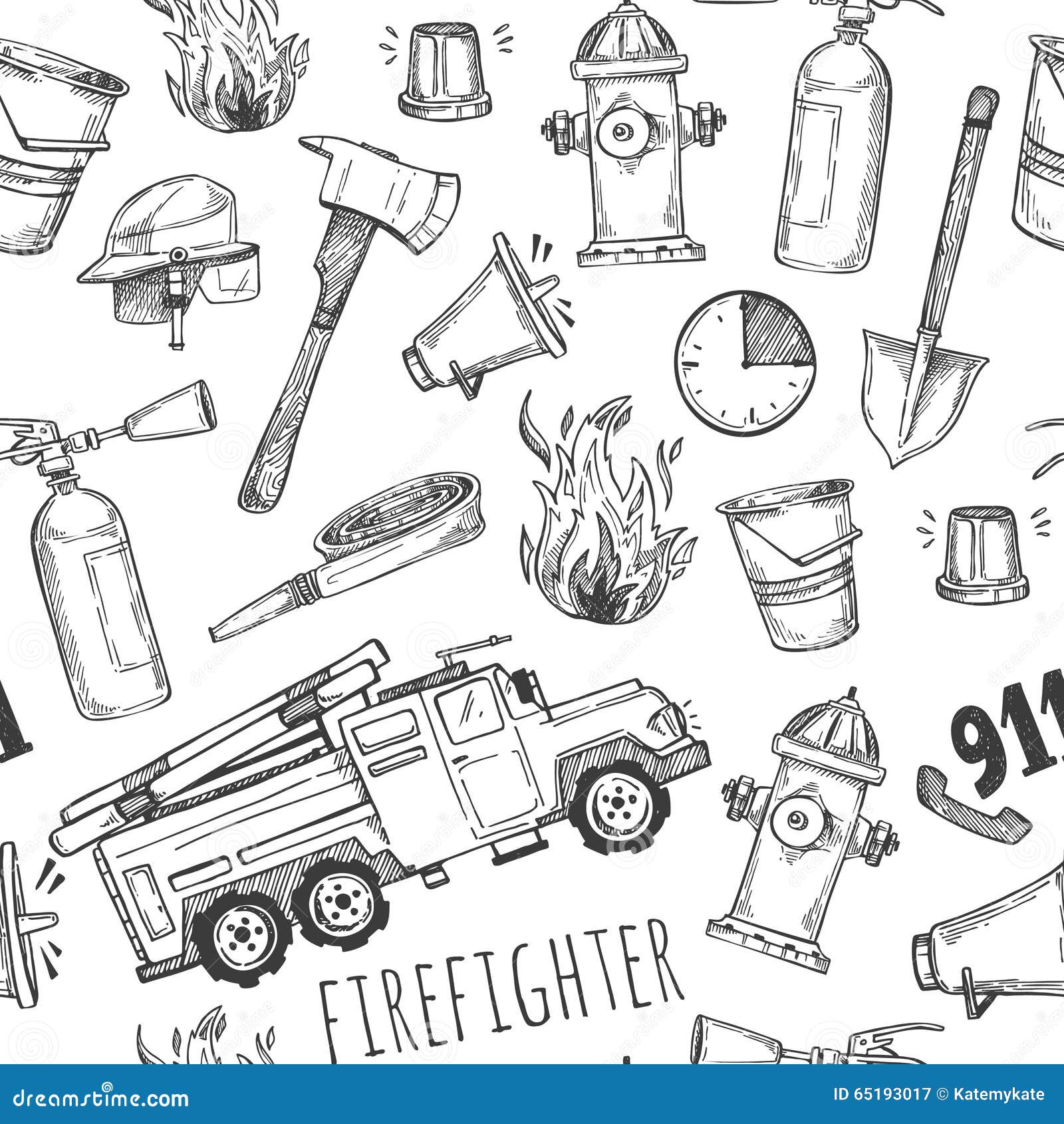 Hand Drawn Vector Illustration - Firefighter. Seamless Pattern Stock ... Hand Drawn Vector Illustration - Firefighter. Seamless Pattern Stock ...