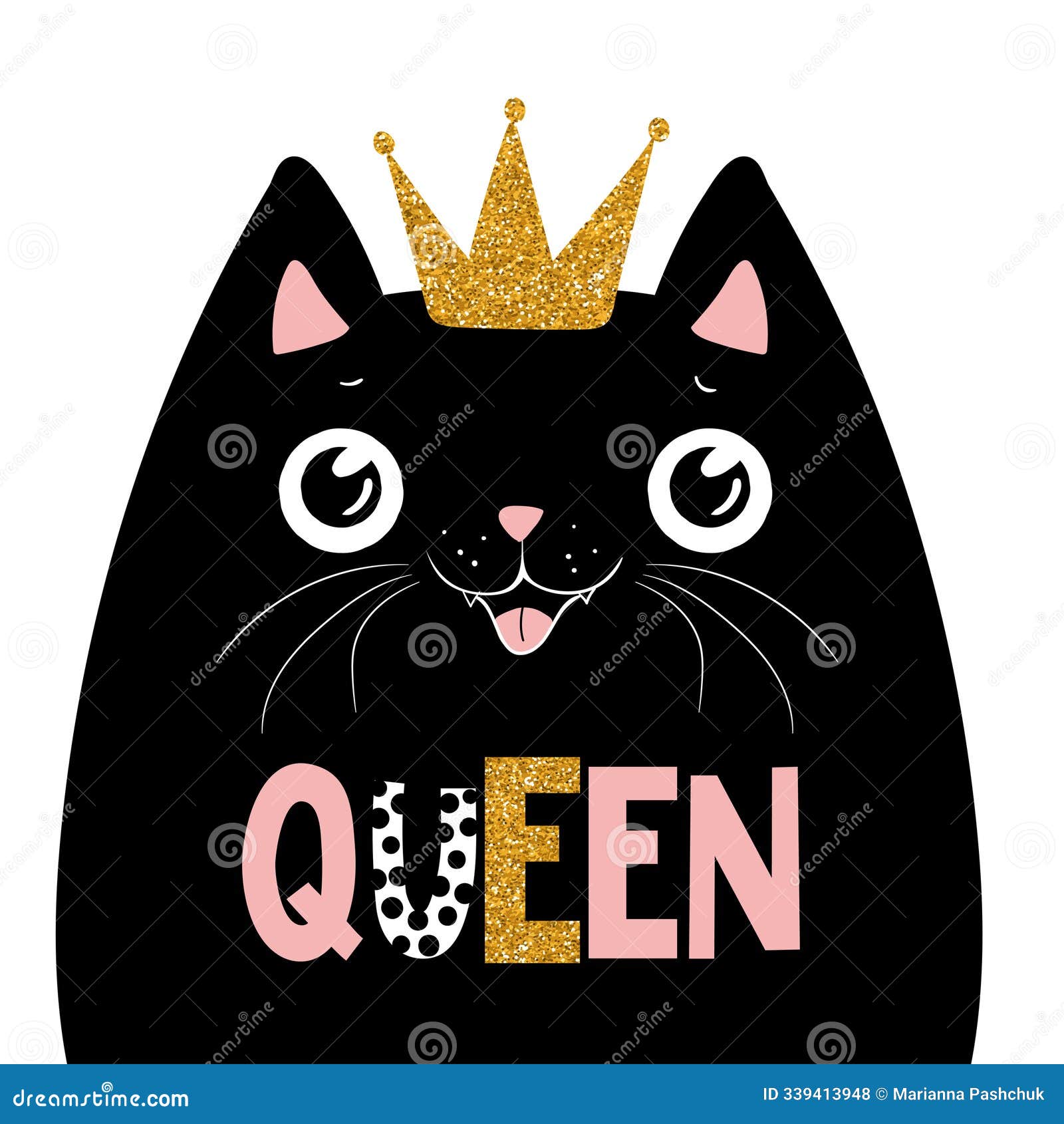 Hand Drawn Vector Illustration of a Funny Cat Queen with Crown and Text ...
