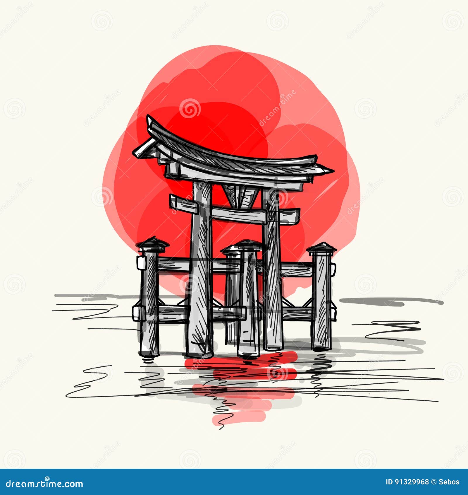Hand Drawn Vector Illustration of Japanese Gate Torii. Red Sun on ...