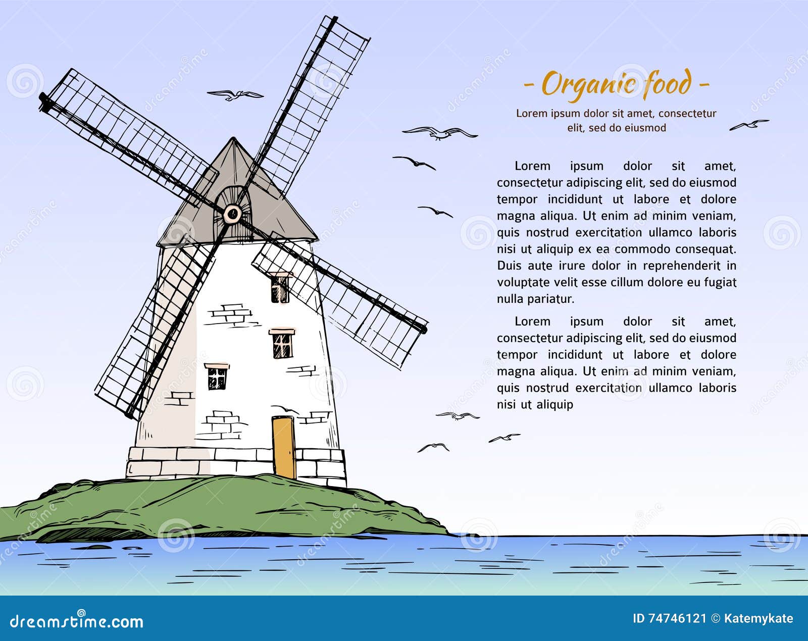 Hand Drawn Vector Illustration - Landscape with Mill. Template F Stock ...