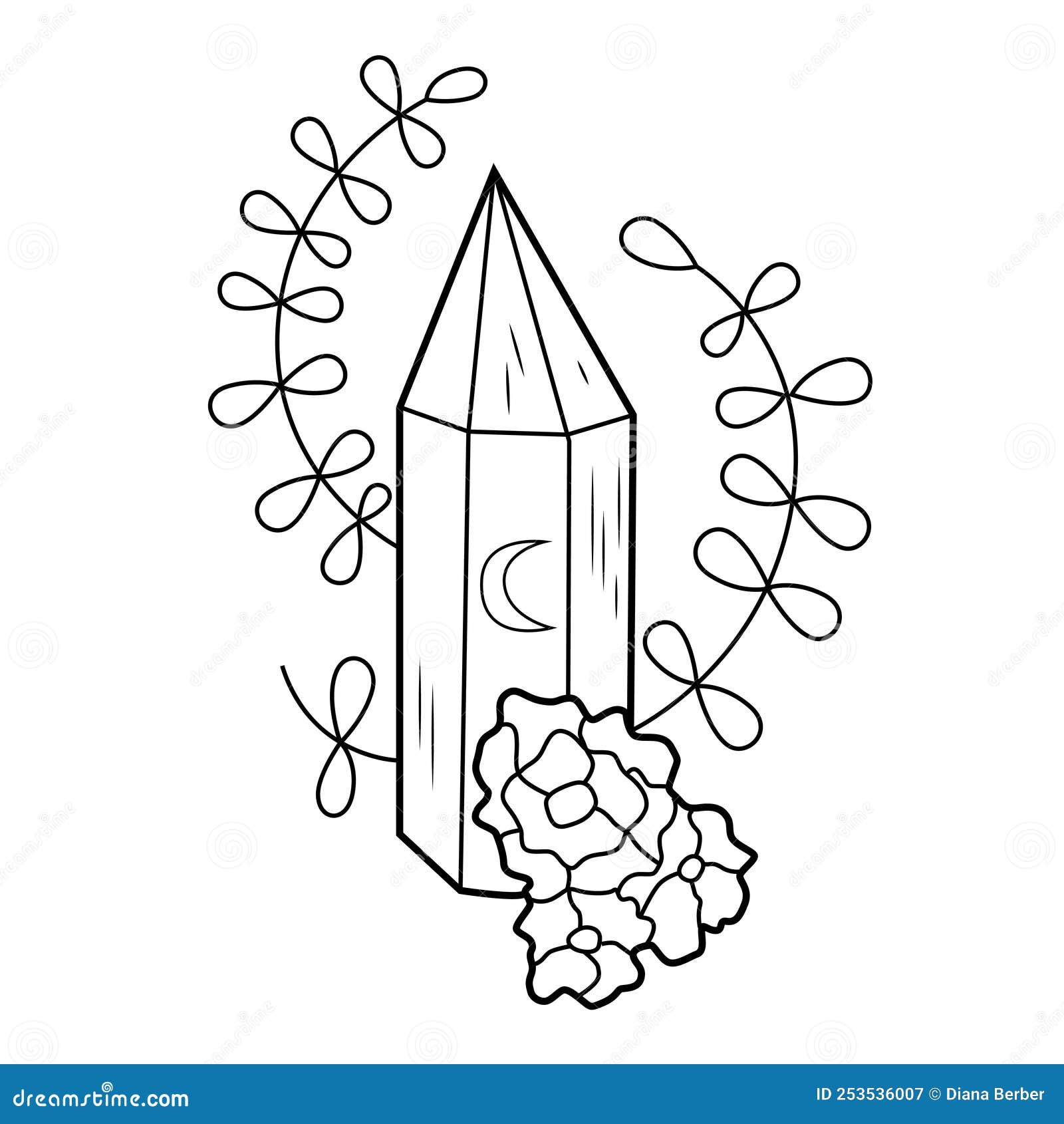 Hand Drawn Vector Illustration of a Magic Crystal with Moon and Plants ...