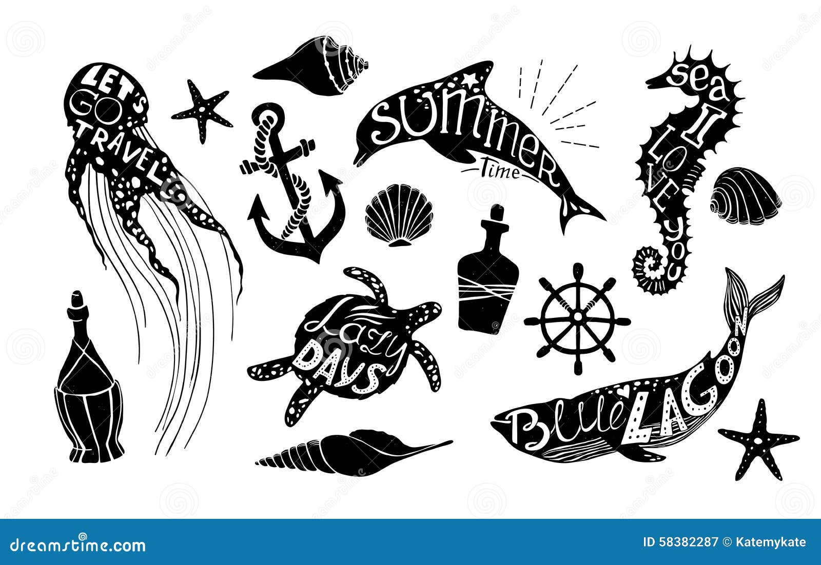Hand Drawn Vector Illustration - Marine Kit. Graphic Elements Stock ...