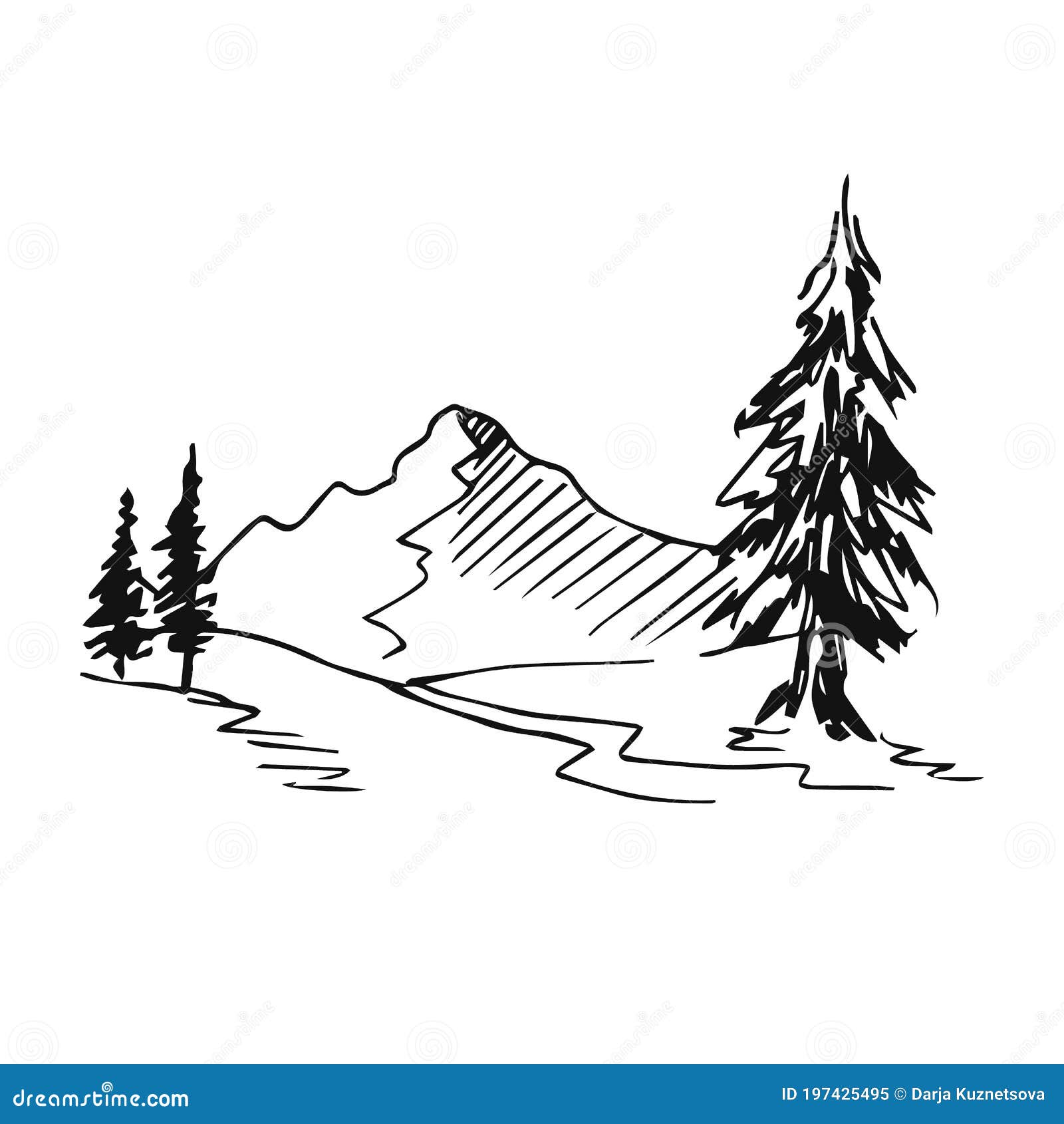 Hand Drawn Illustration of Mountain Landscape with Pine Trees Stock ...
