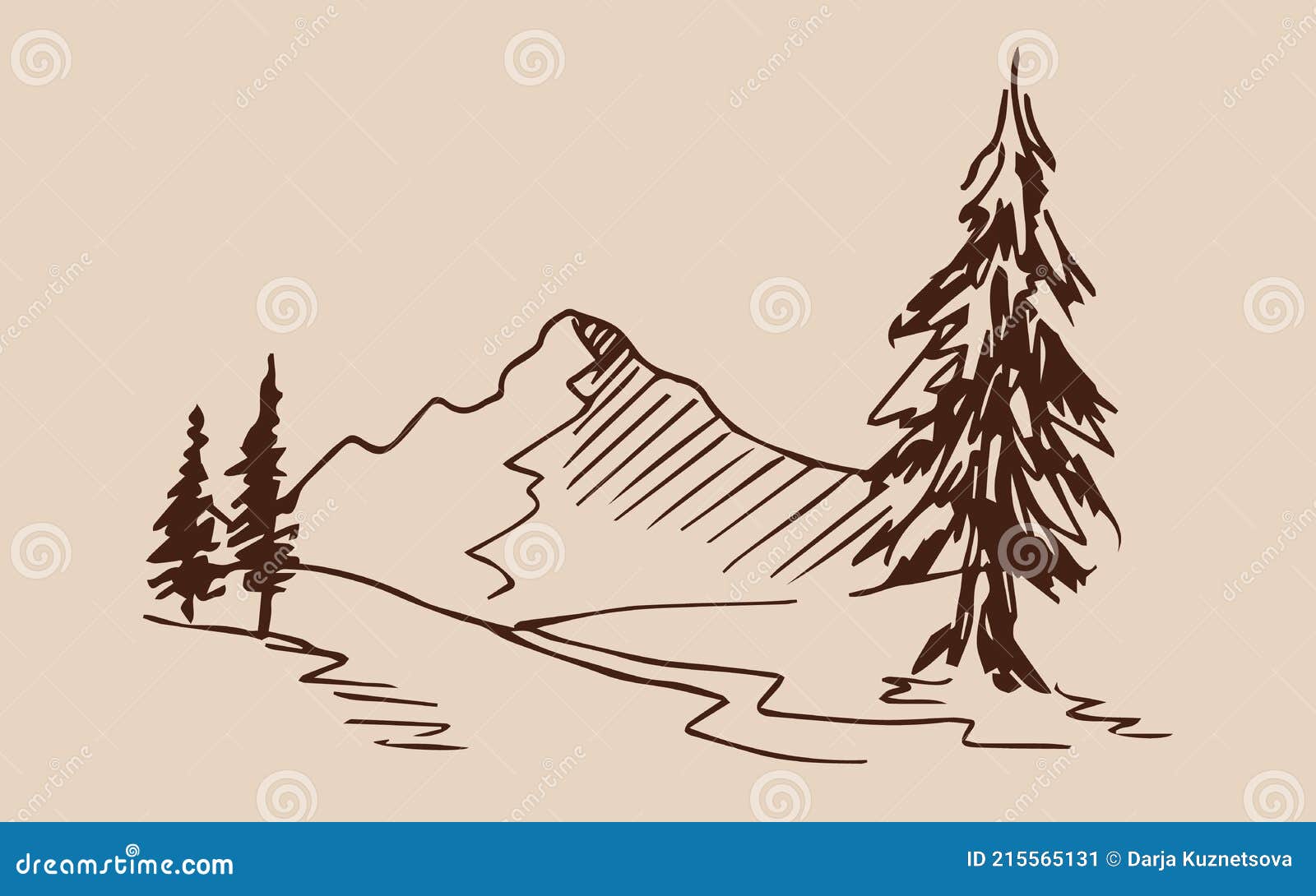 Hand Drawn Vector Illustration of Mountain Landscape with Pine Trees ...