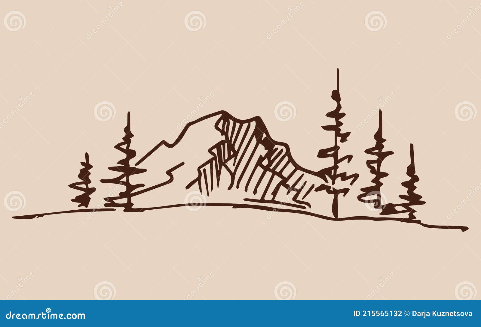 Hand Drawn Vector Illustration of Mountain Landscape with Pine Trees ...
