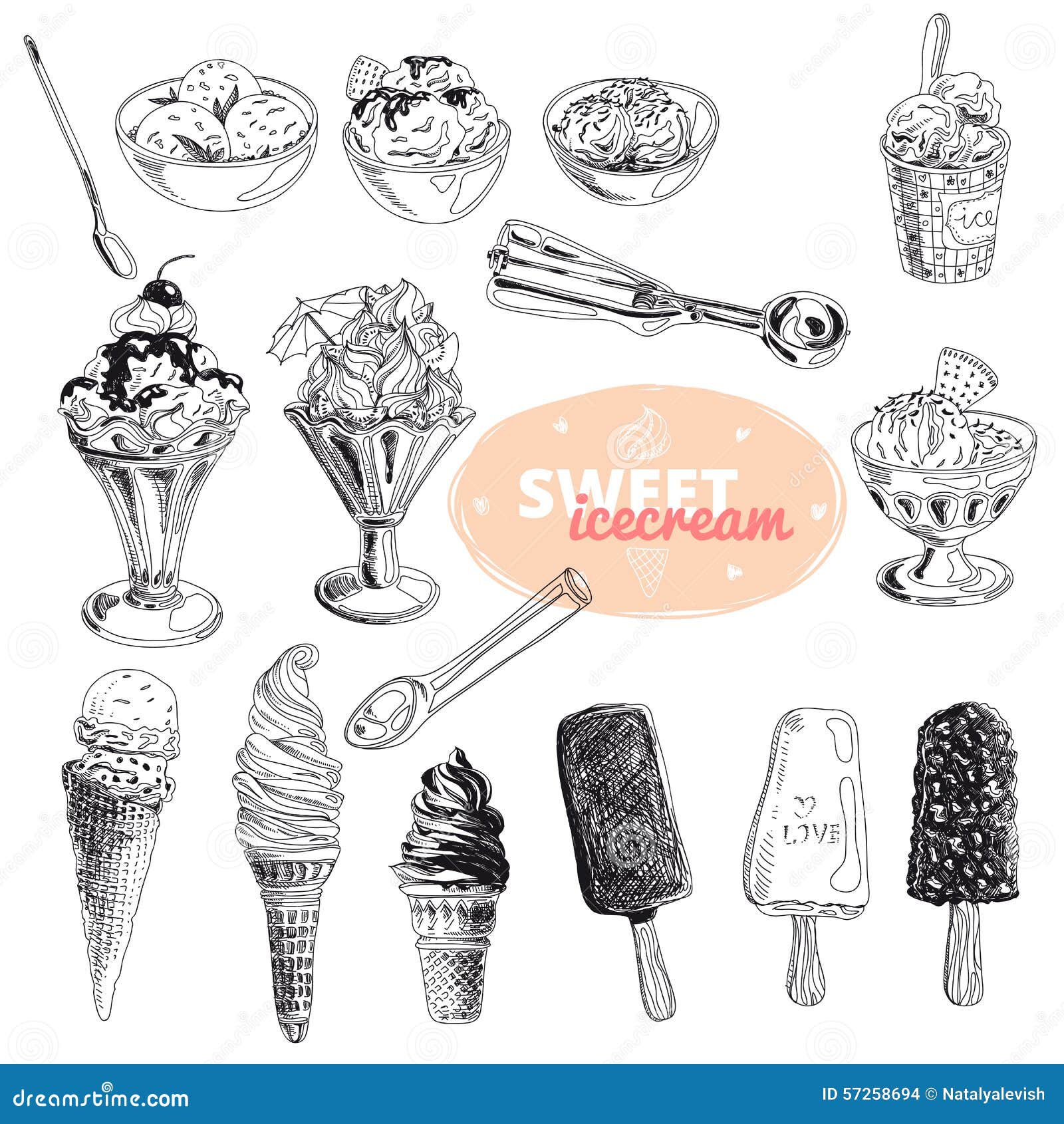 Hand Drawn Vector Illustration Set with Ice Cream Stock Vector ...