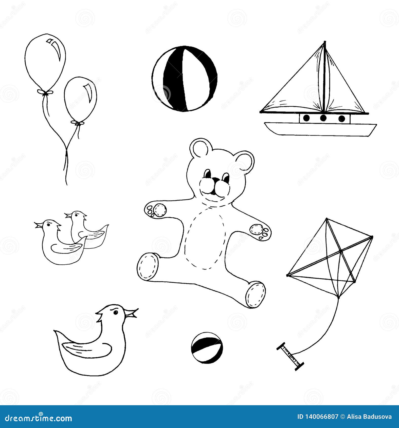 Hand Drawn Vector Illustration Set of Kids Toys on White Background ...