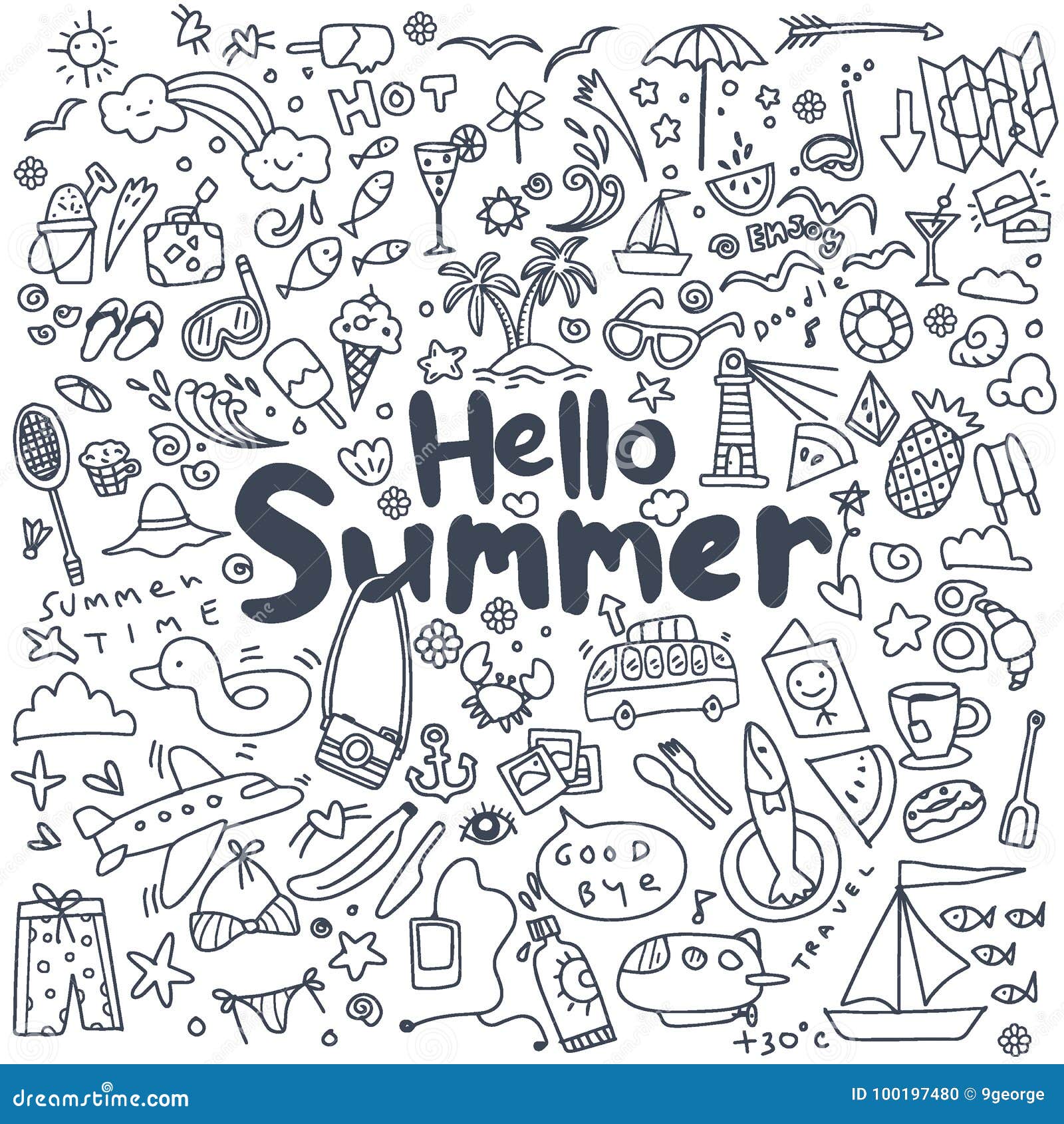 Hand Drawn Vector Illustration Set of Summer Elements.Hand Drawing ...