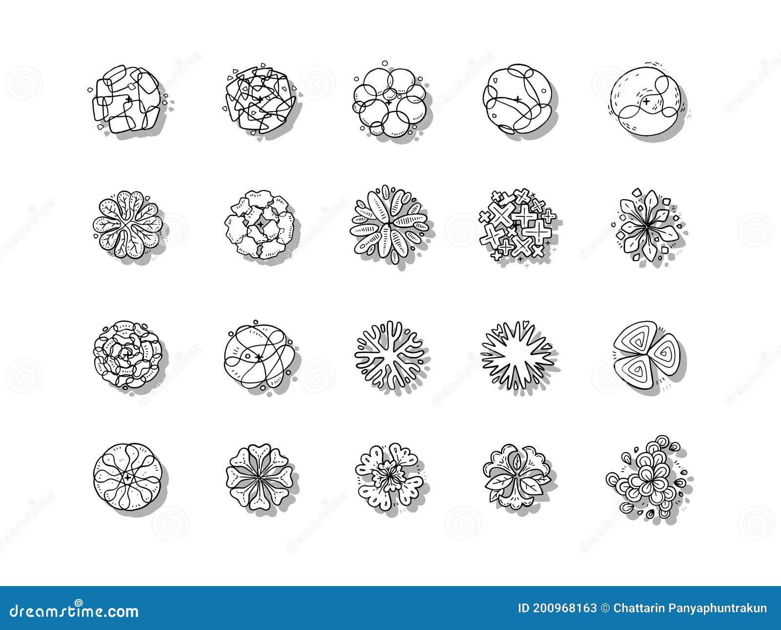 Hand Drawn Vector Illustration Set of Top View Tree Isolated on White ...