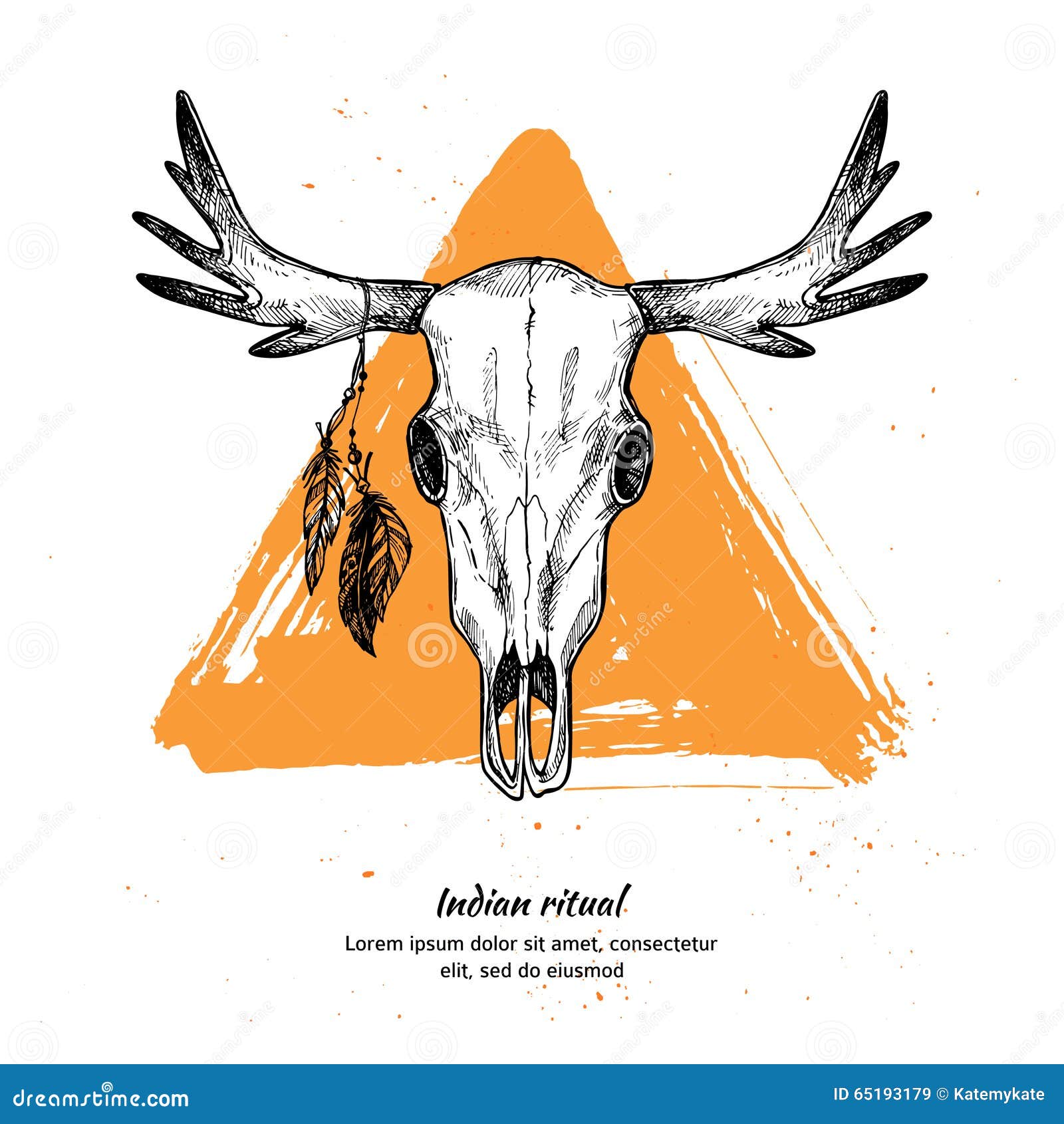 Hand Drawn Vector Illustration - Skull of Animal with Feathers. Stock ...