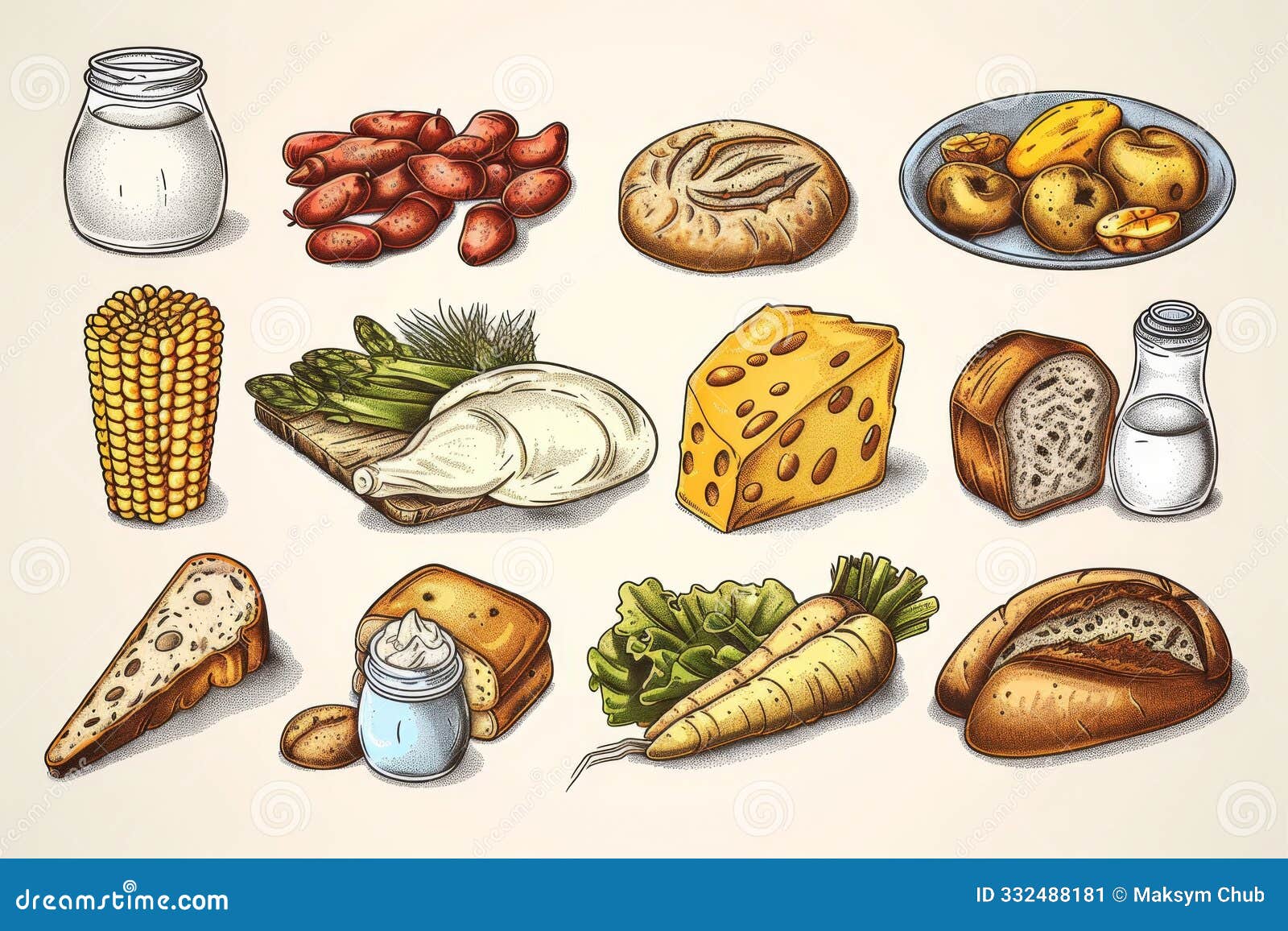 Hand Drawn Vector Illustration of Staple Foods Corn, Potatoes, Bread ...