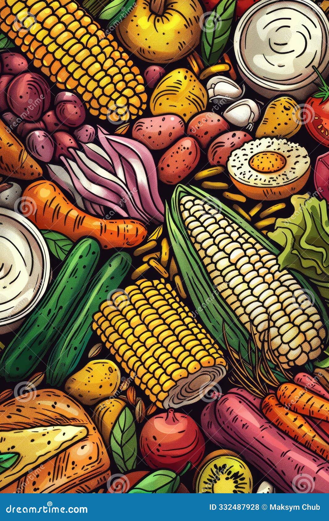 Hand Drawn Vector Illustration of Staple Foods Including Corn, Potatoes ...