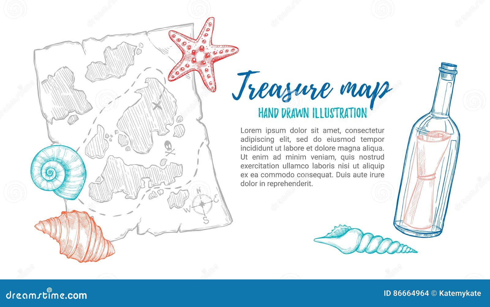 Hand Drawn Vector Illustration - Treasure Map with Sea Shells, S Stock ...