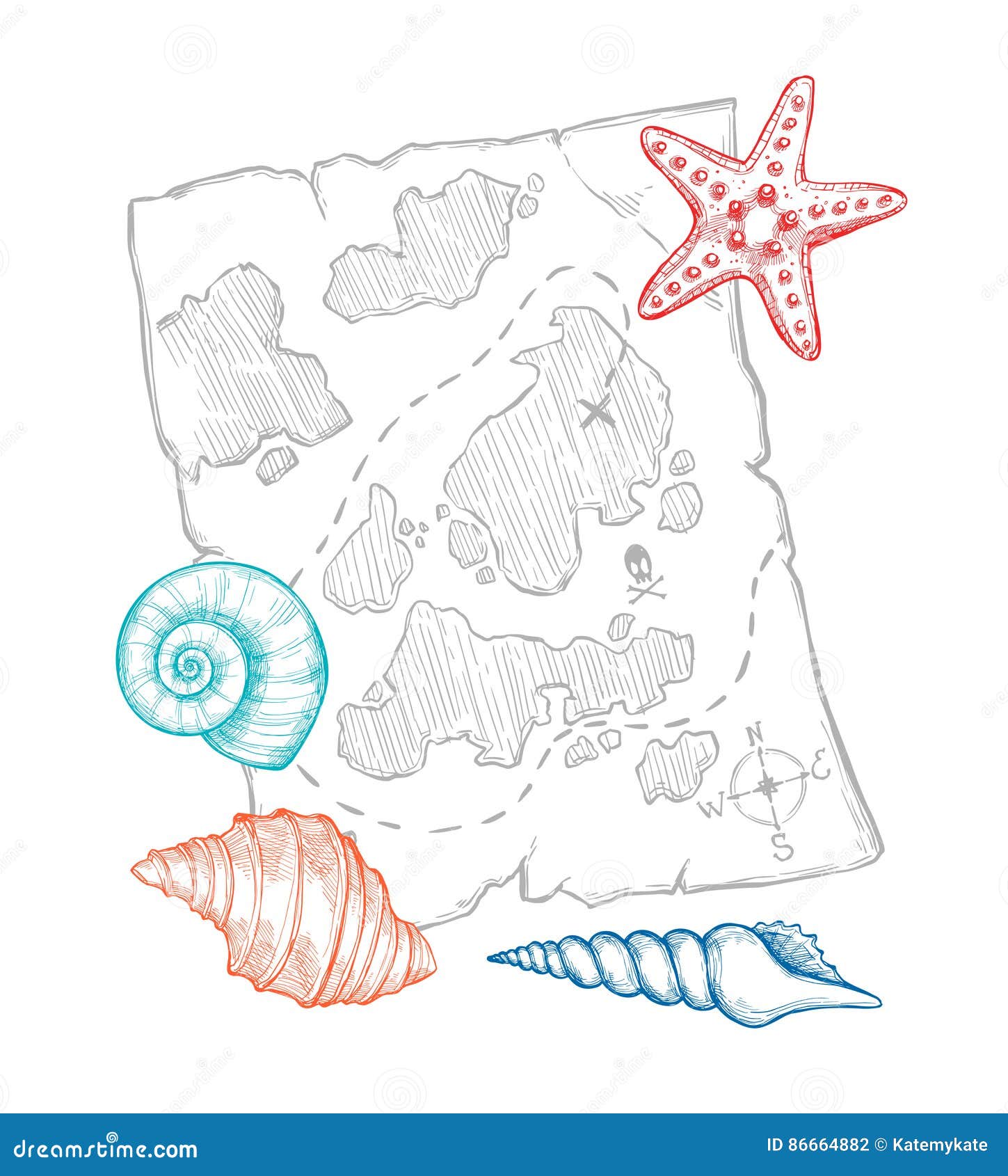 Hand Drawn Vector Illustration - Treasure Map With Sea Shells An ...